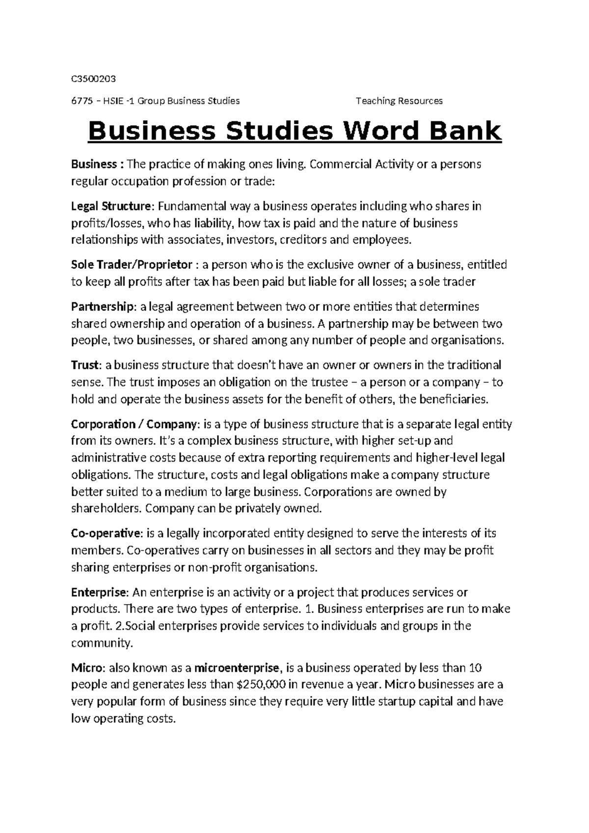 Teaching Resource Word Bank - C 6775 – HSIE -1 Group Business Studies ...