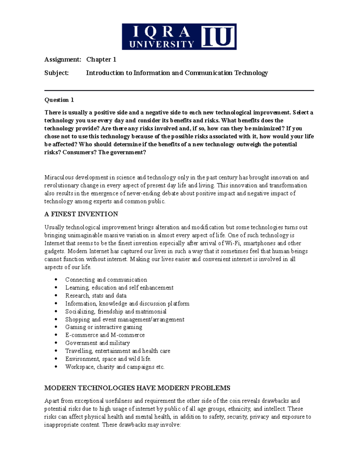 IICT-Assignment 1 - Check it yourself - Assignment: Chapter 1 Subject ...