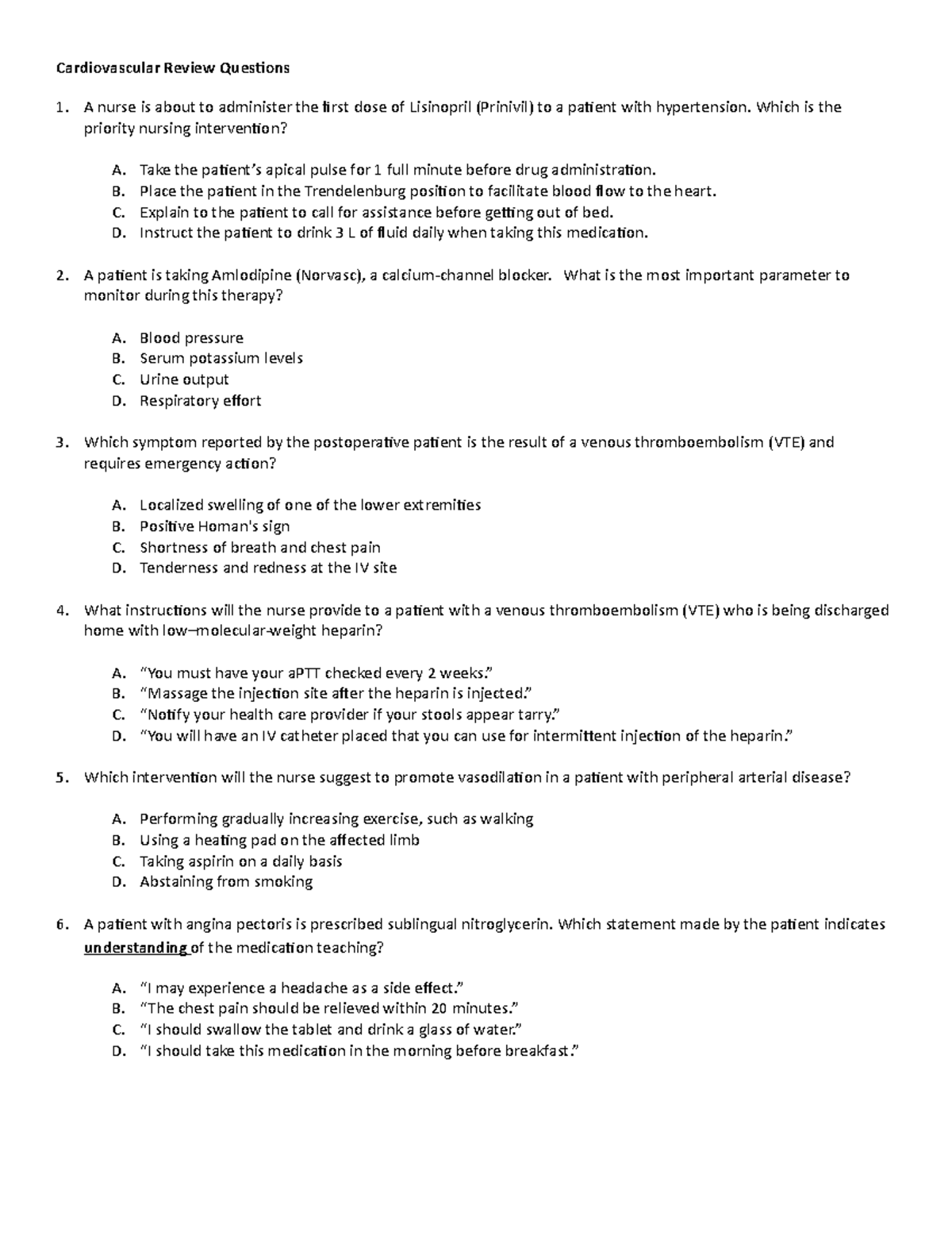 Cardiovascular review questions - Cardiovascular Review Questions A ...