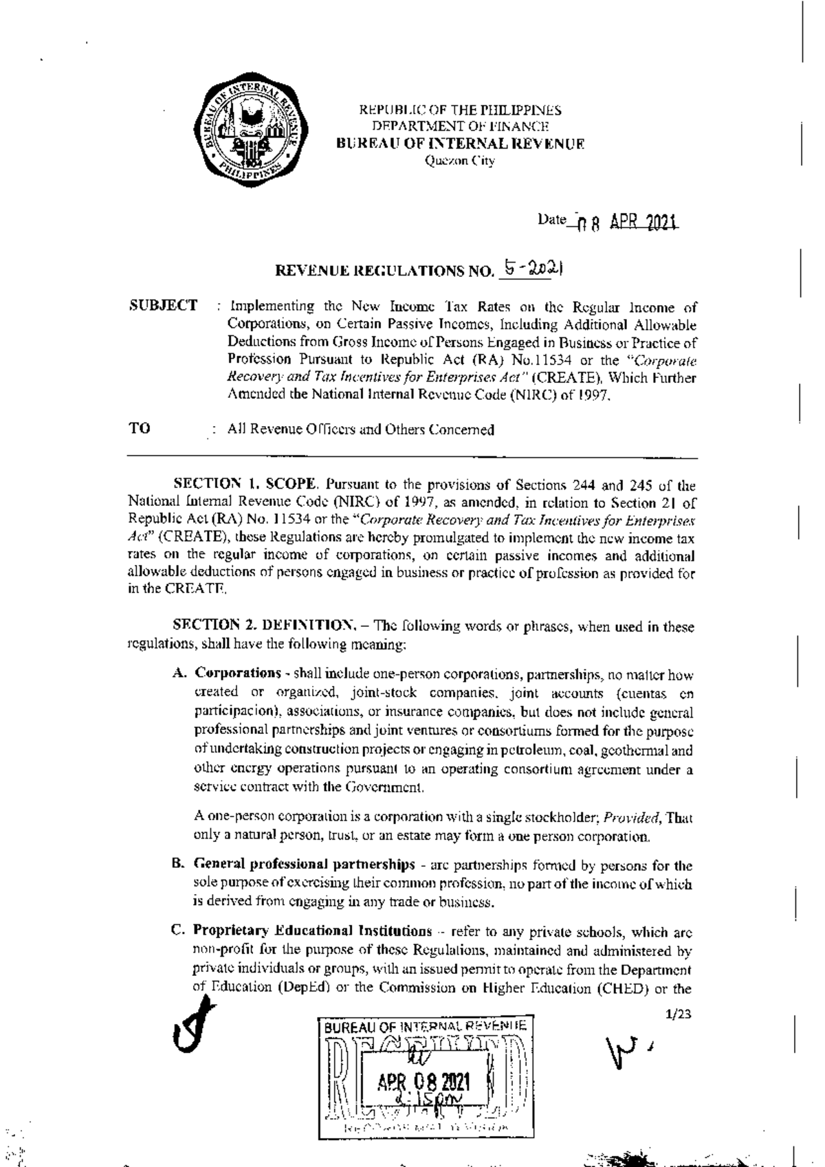 BIR RR 5-2021 Implementation of Create Law - Income Taxation - Studocu