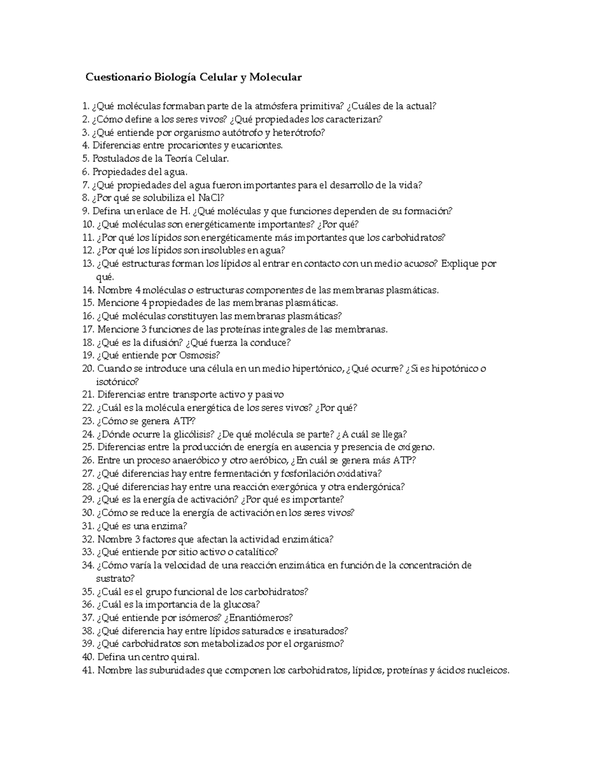 Cuestionario Biolog a Celular y Molecular - Cuestionario Biología Celular y Molecular ¿Qué ...