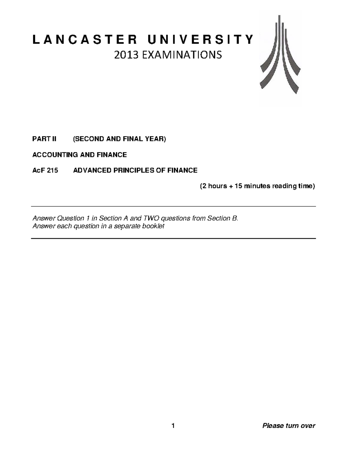 ACF 215 Exam 2013, questions - LANCASTER UNIVERSITY 2013 EXAMINATIONS ...