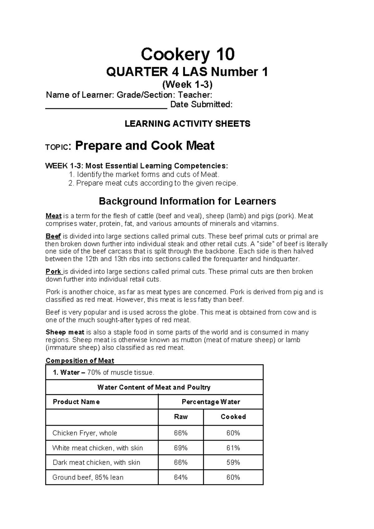 Cookery 10 Quarter 4 LAS Number 1 Weeks 1,2,3 - Cookery 10 QUARTER 4 ...