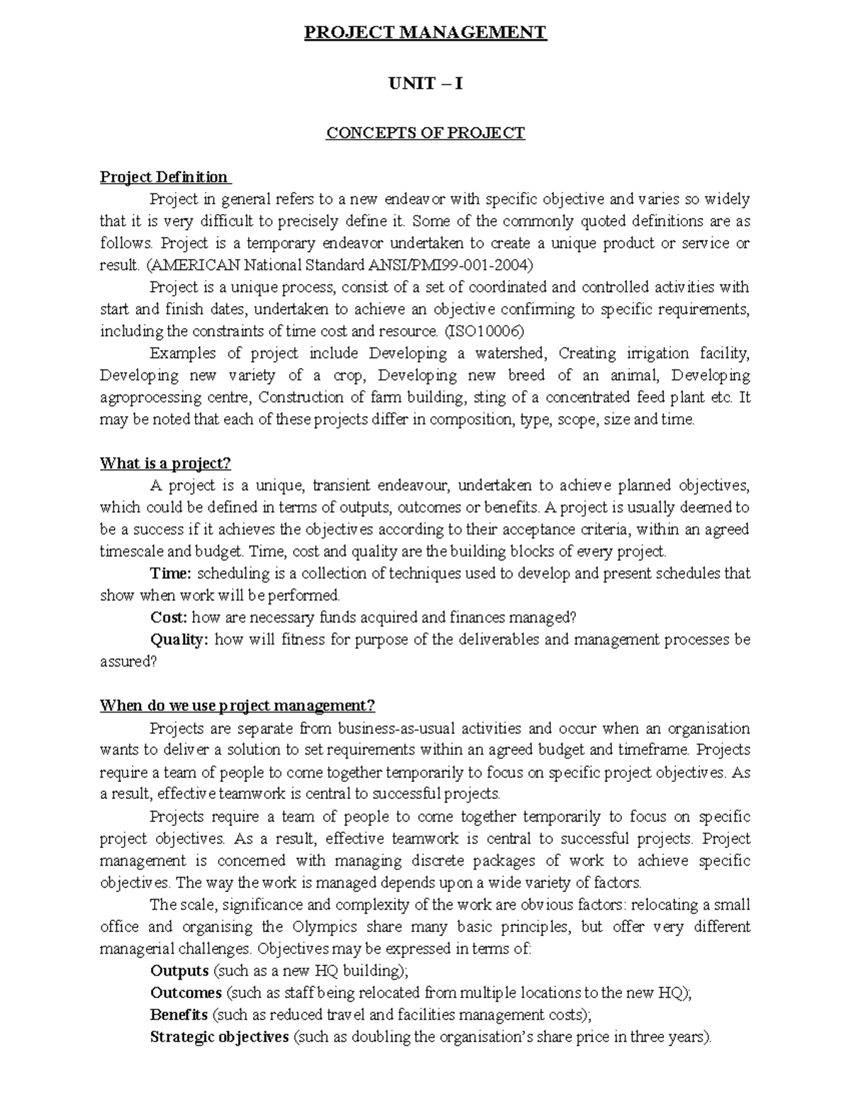 Project Management - Notes - PROJECT MANAGEMENT UNIT – I CONCEPTS OF ...