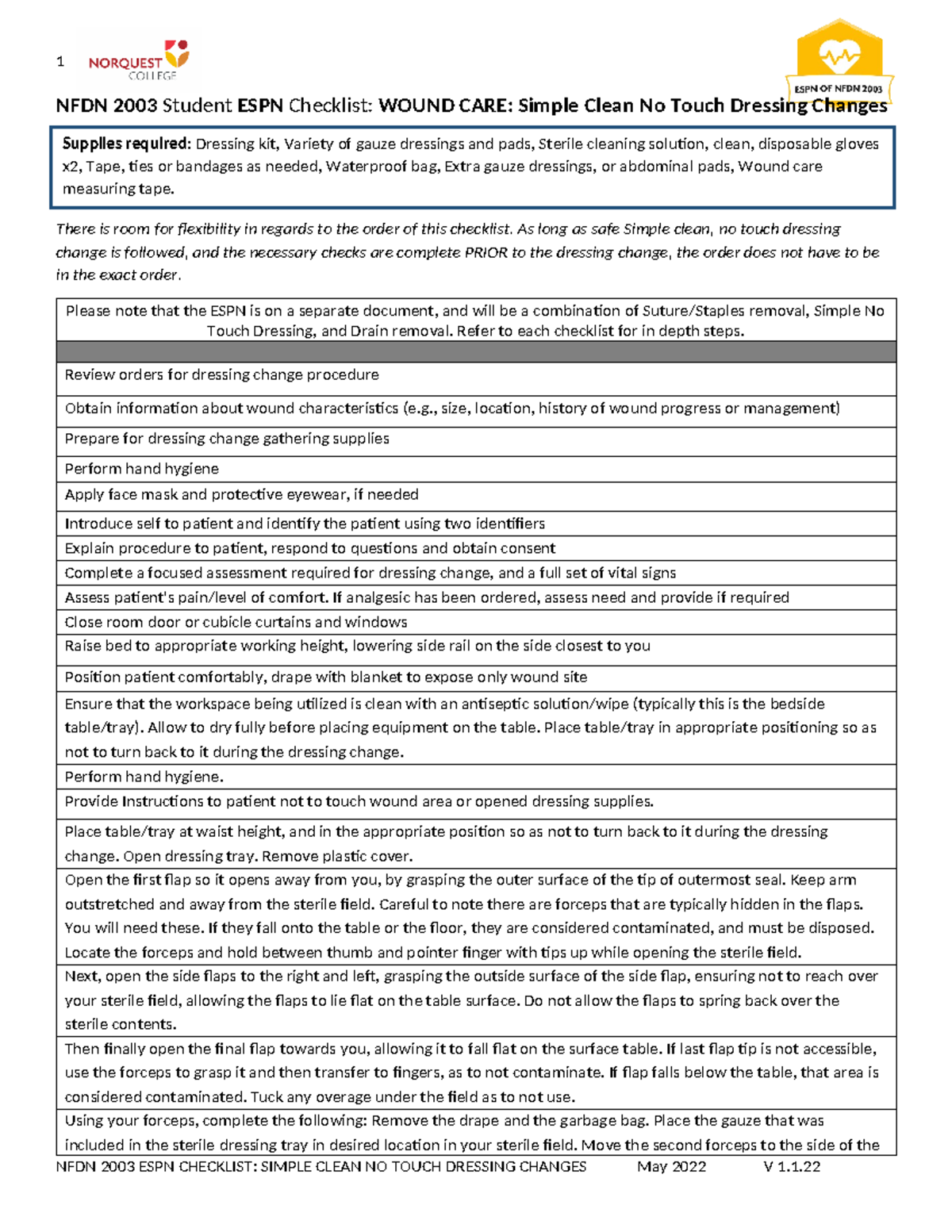 NFDN 2003 Student ESPN Checklist Simple No Touch Dressing 2 - NFDN 2003 ...