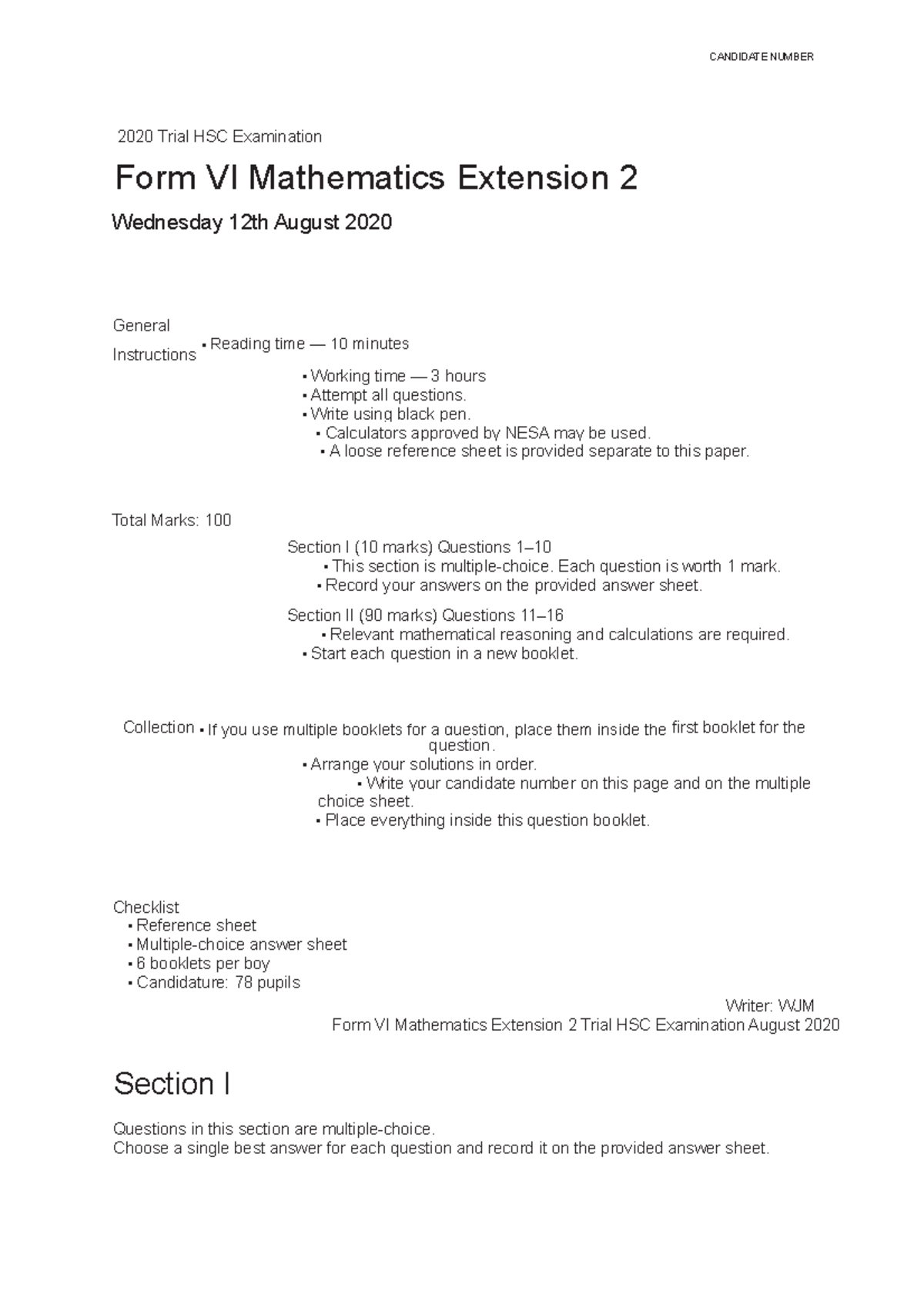 Sydney Grammar 2020 4U Trials Solutions - CANDIDATE NUMBER 2020 Trial ...