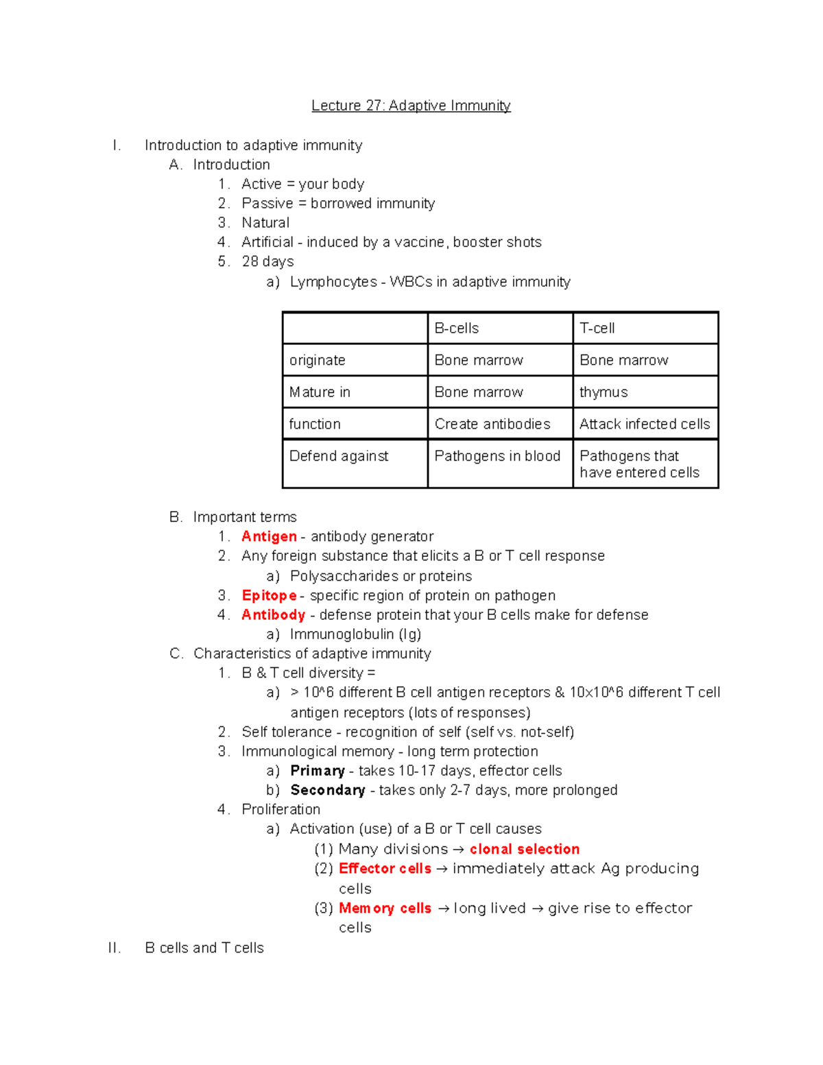 Gen Bio Ii Adaptive Immunity Lecture Notes Lecture 27 Adaptive Immunity I Introduction To