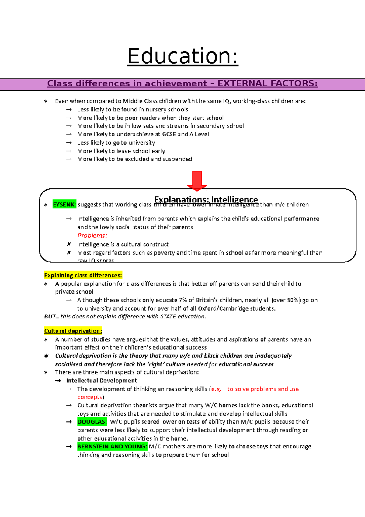 Education revision notes - Education: Class differences in achievement ...