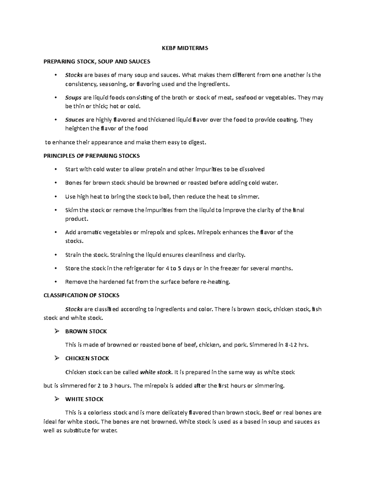 KEBF Midterms - KEBF MIDTERMS PREPARING STOCK, SOUP AND SAUCES Stocks ...