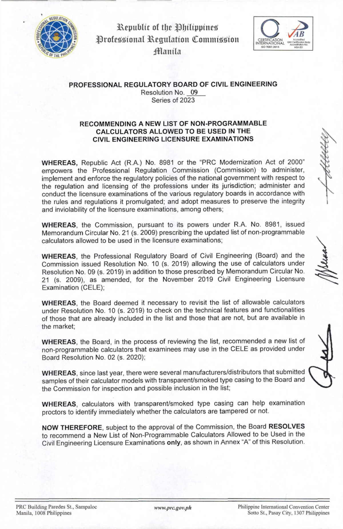 PRC BCE Reso 2023 09 - Notes. - tfCUUfy f&Bp W o ^ Republic o( tlje ...