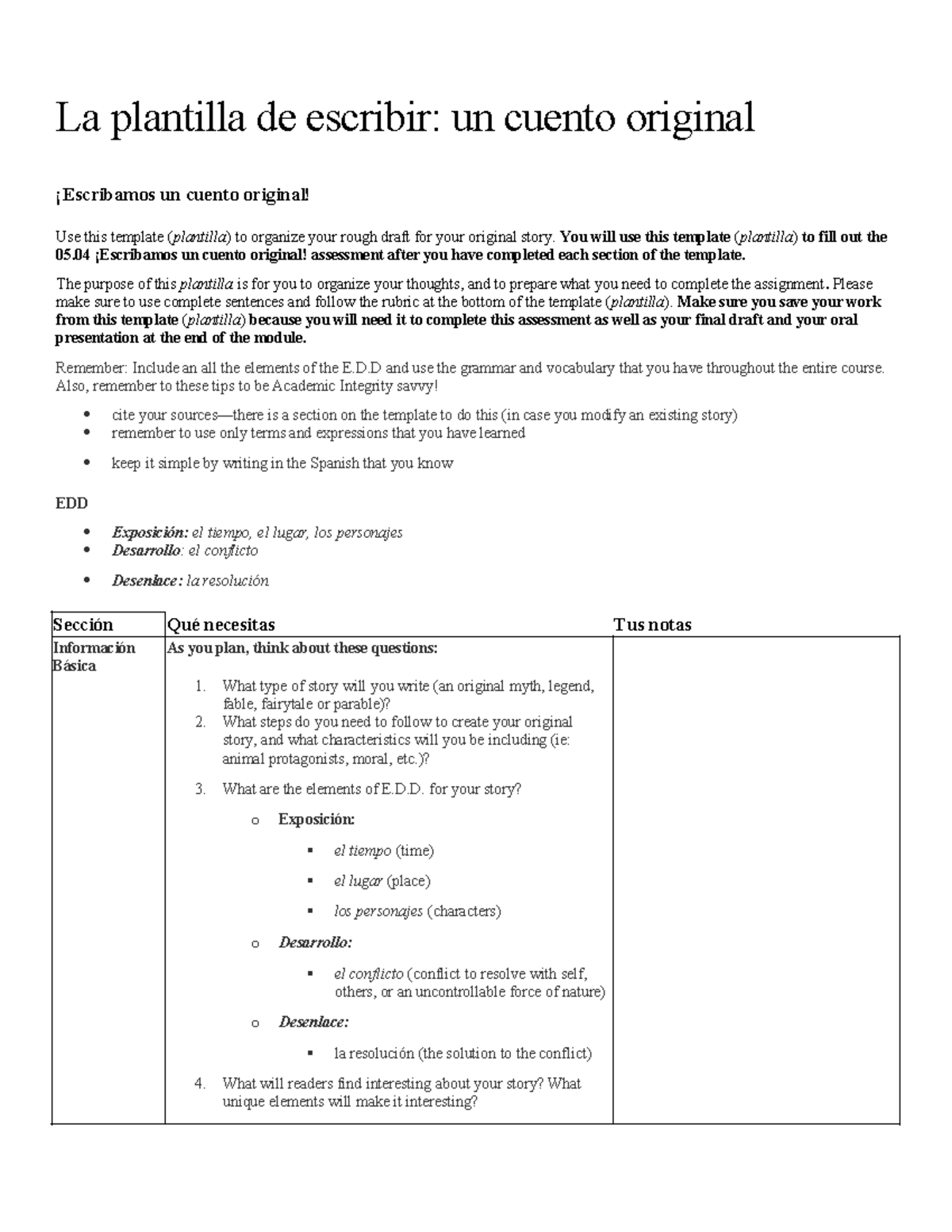 Writing template narration - La plantilla de escribir: un cuento ...