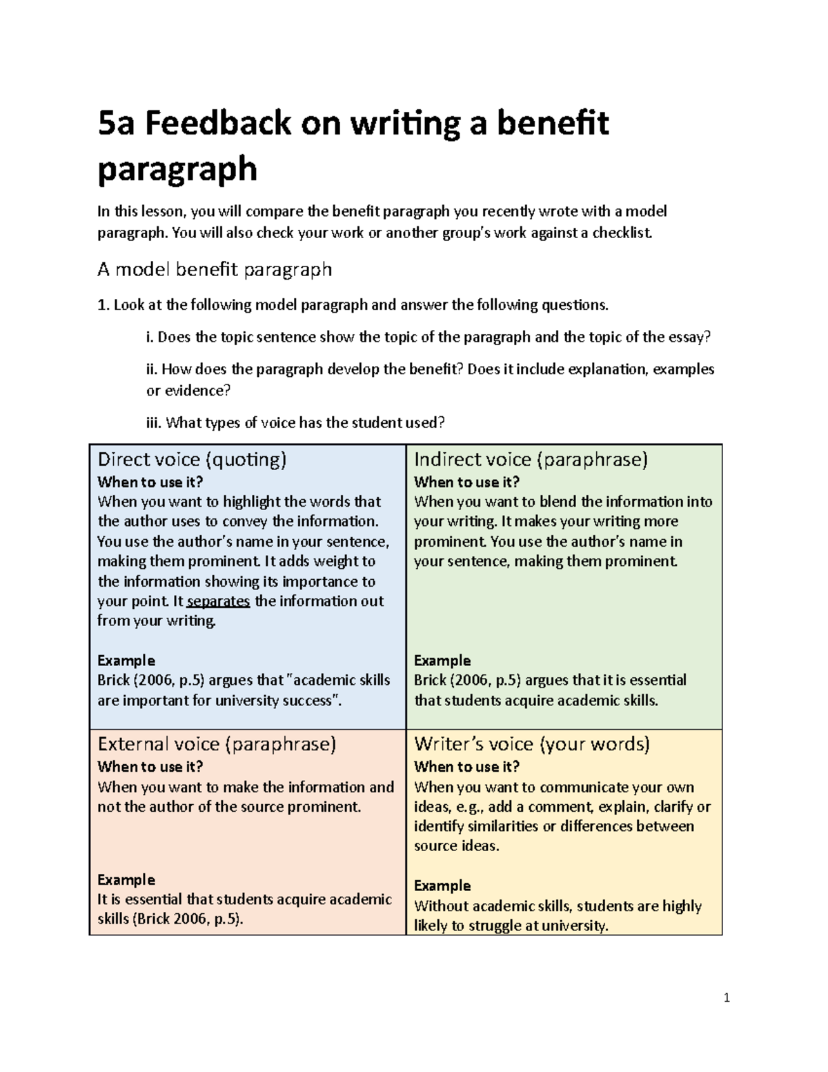 5a Feedback on writing a benefit paragraph - 5a Feedback on writing a ...