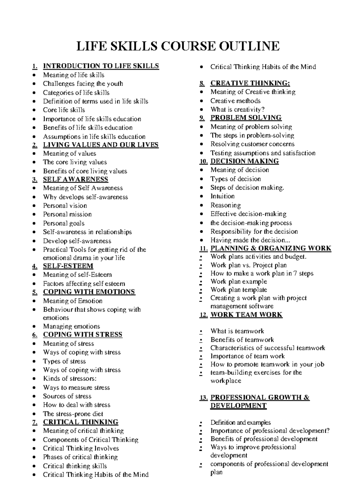 LIFE Skills Notes - LIFE SKILLS COURSE OUTLINE 1. INTRODUCTION TO LIFE ...