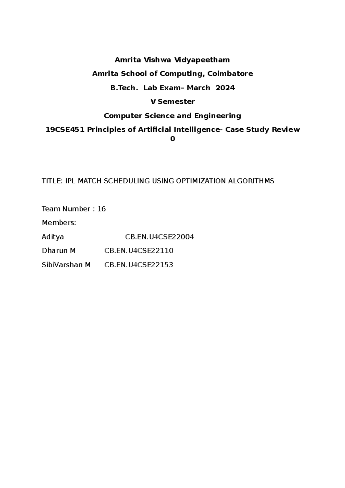 Project Report - nil - Amrita Vishwa Vidyapeetham Amrita School of Computing, Coimbatore B. Lab ...