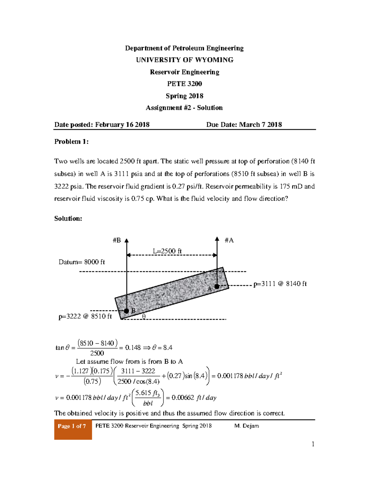 Assignment #2 Solution - Department of Petroleum Engineering UNIVERSITY ...