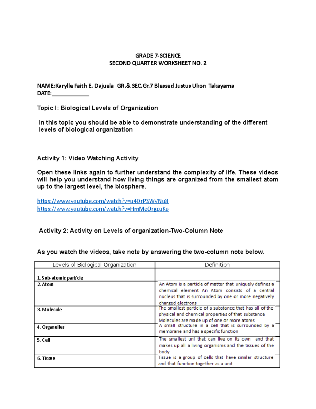 Worksheet 2-GR 7 Science(2ND QRTR)Karylle - GRADE 7-SCIENCE SECOND ...