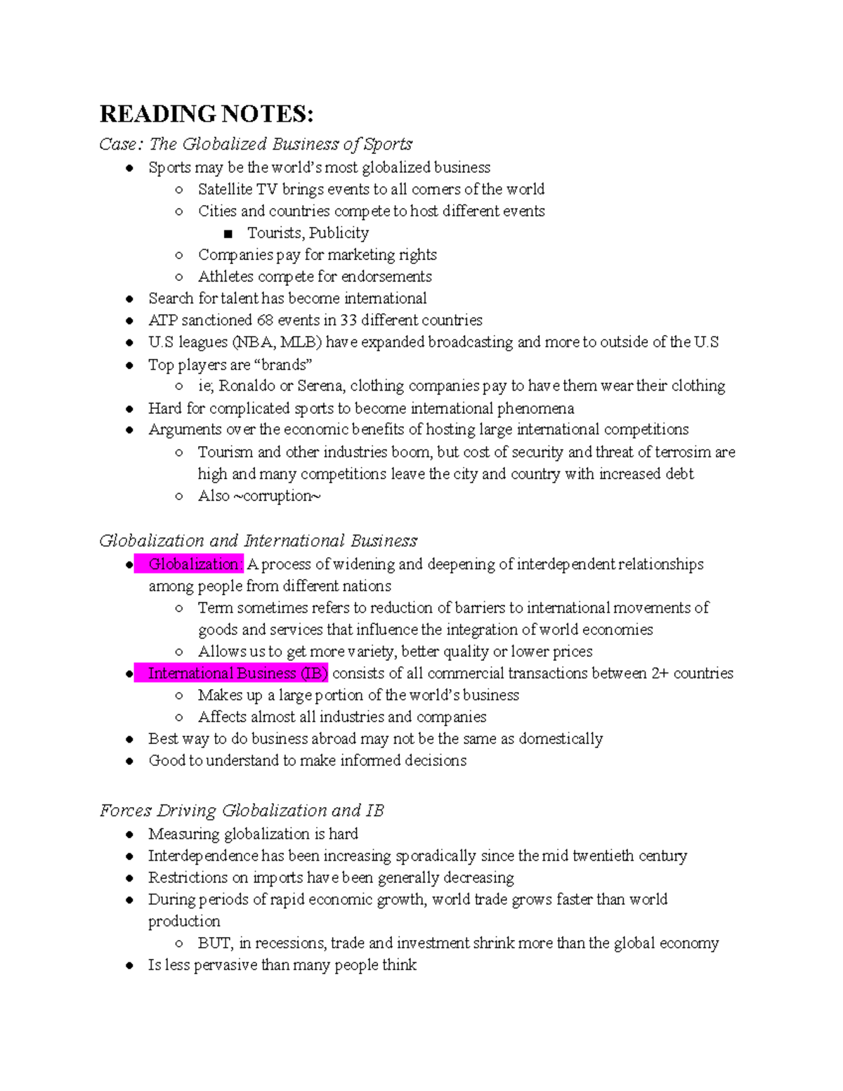 Chapter 1 Notes - READING NOTES: Case: The Globalized Business of ...