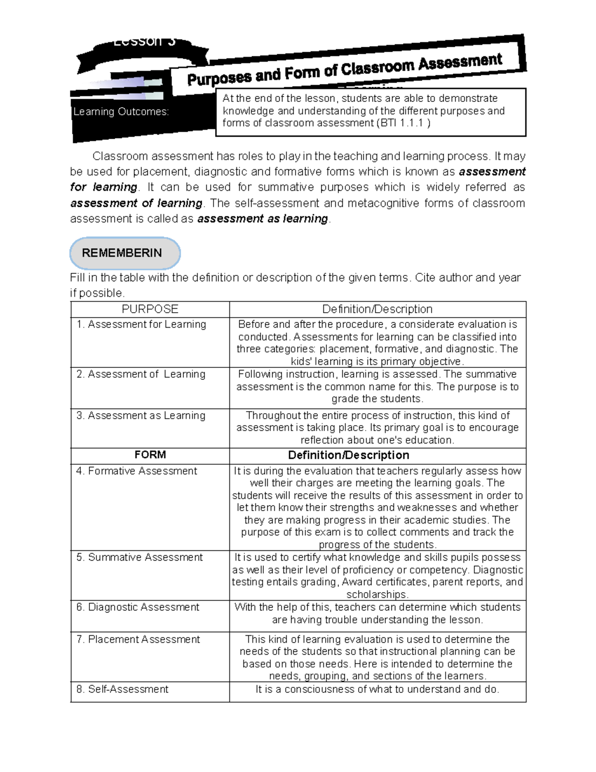 - Lesson-3 - Purposes and Form of Classroom Assessment - Student ...