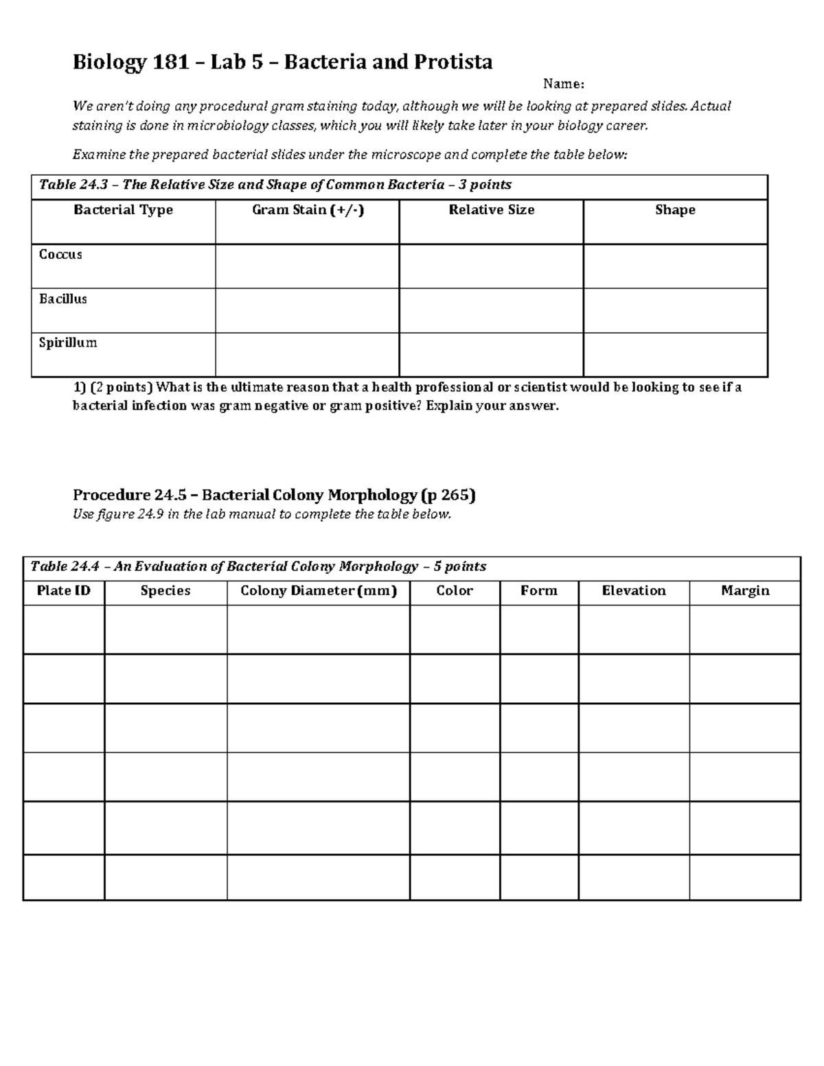 Lab 5 - Bacteria, Protists - Biology 181 – Lab 5 – Bacteria and ...