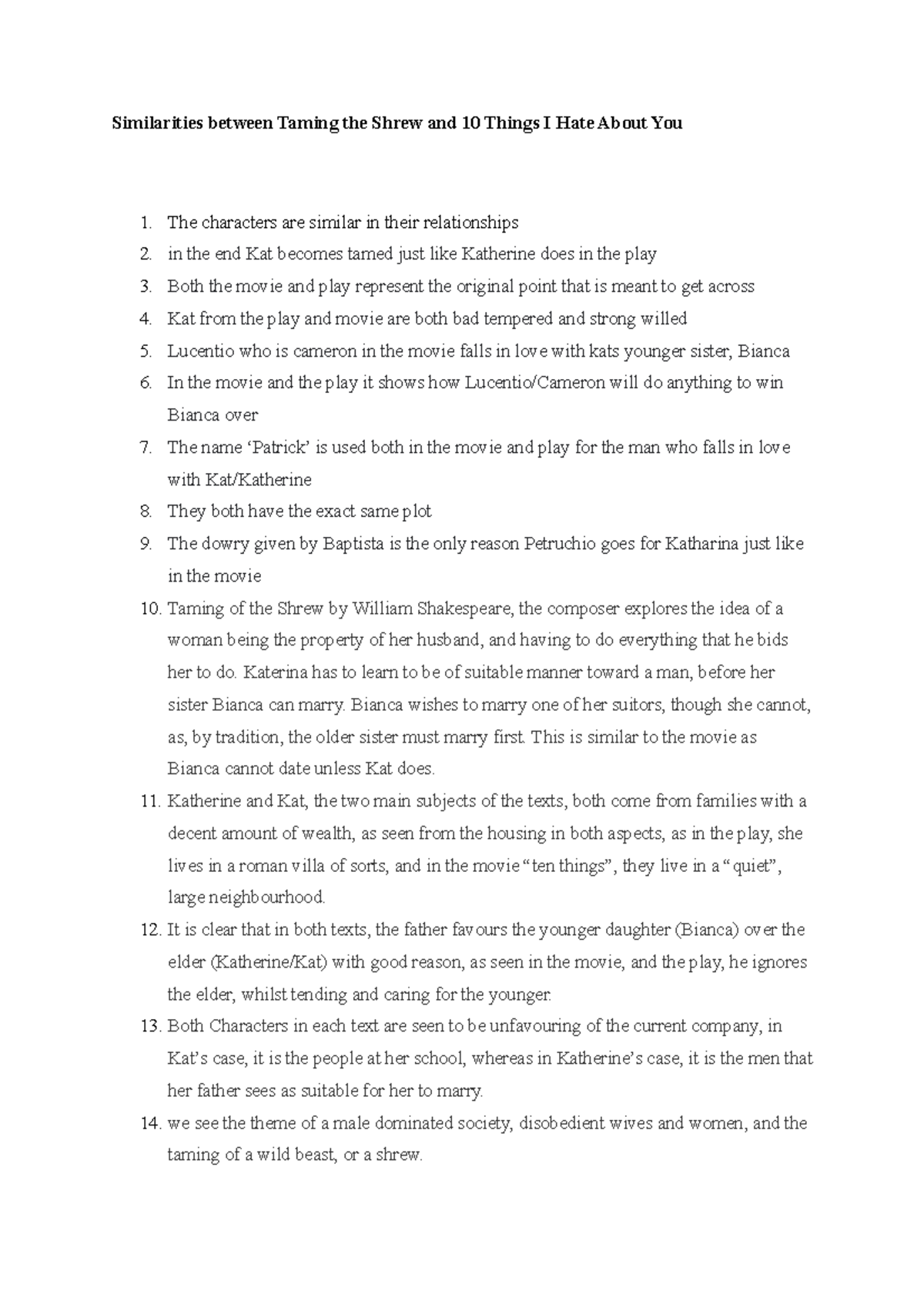 English similarities - Similarities between Taming the Shrew and 10 ...