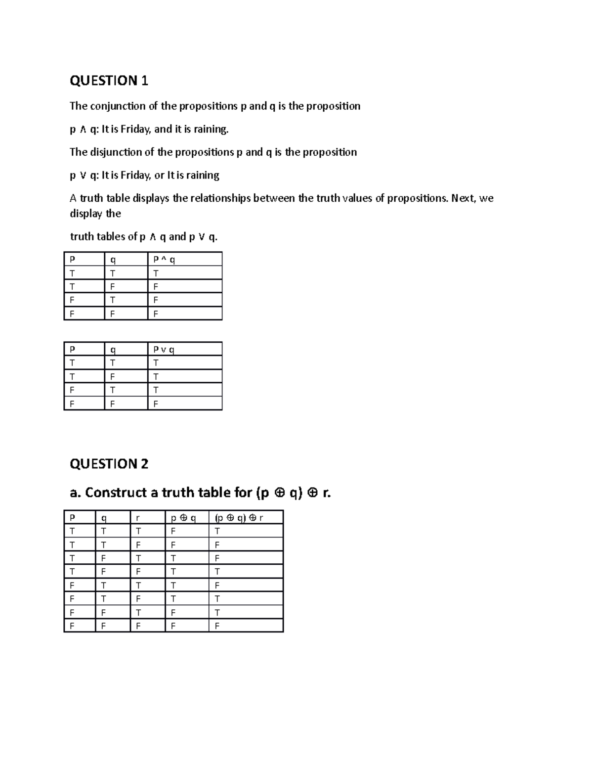 Assignment 1 - QUESTION 1 The conjunction of the propositions p and q is the proposition p ∧ q ...