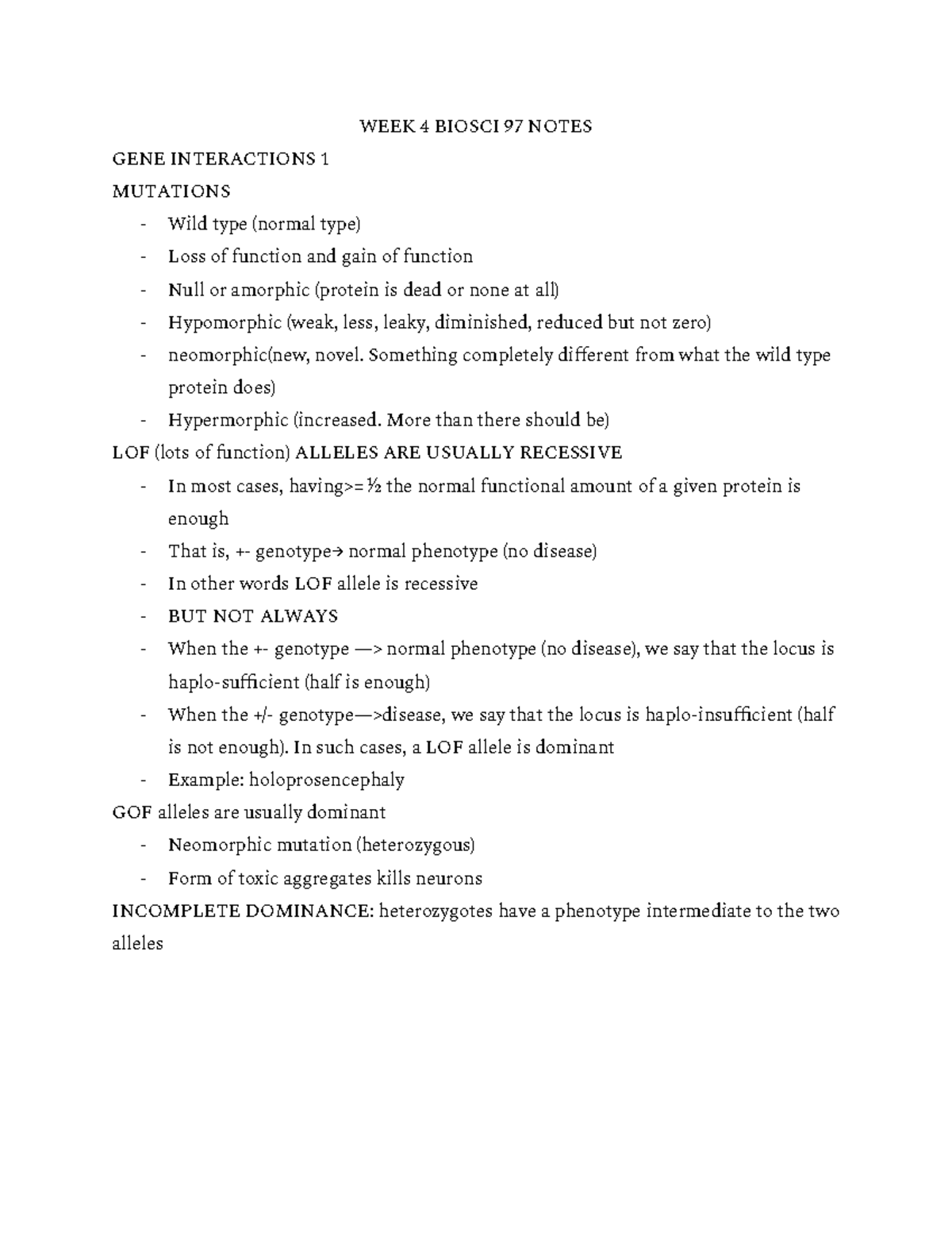 WEEK 4 Biosci 97 Notes - This covers mutations, alleles with lots of ...