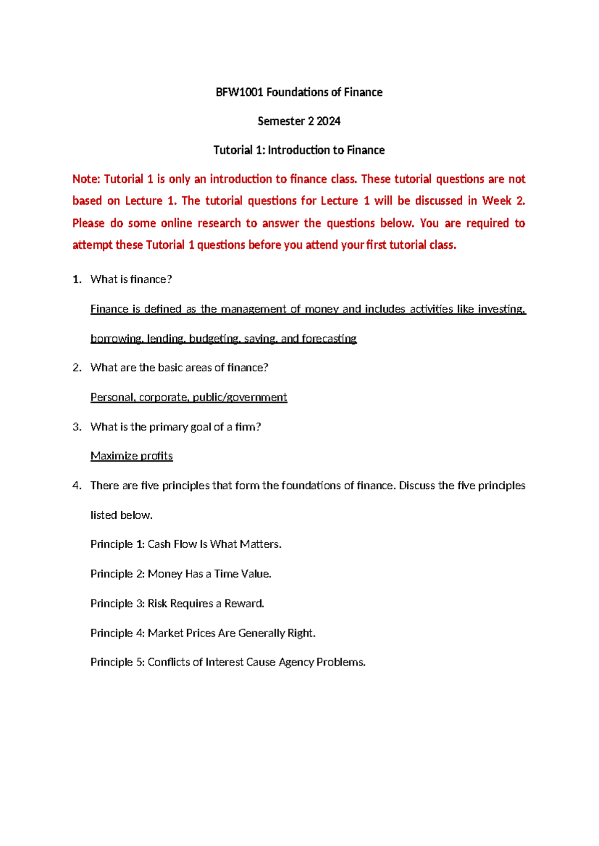 BFW1001 Tutorial 1 Questions - BFW1001 Foundations of Finance Semester 2 2024 Tutorial 1: - Studocu