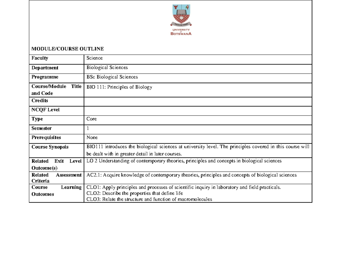 BQA course module template BIO111 September 2023 - MODULE/COURSE ...