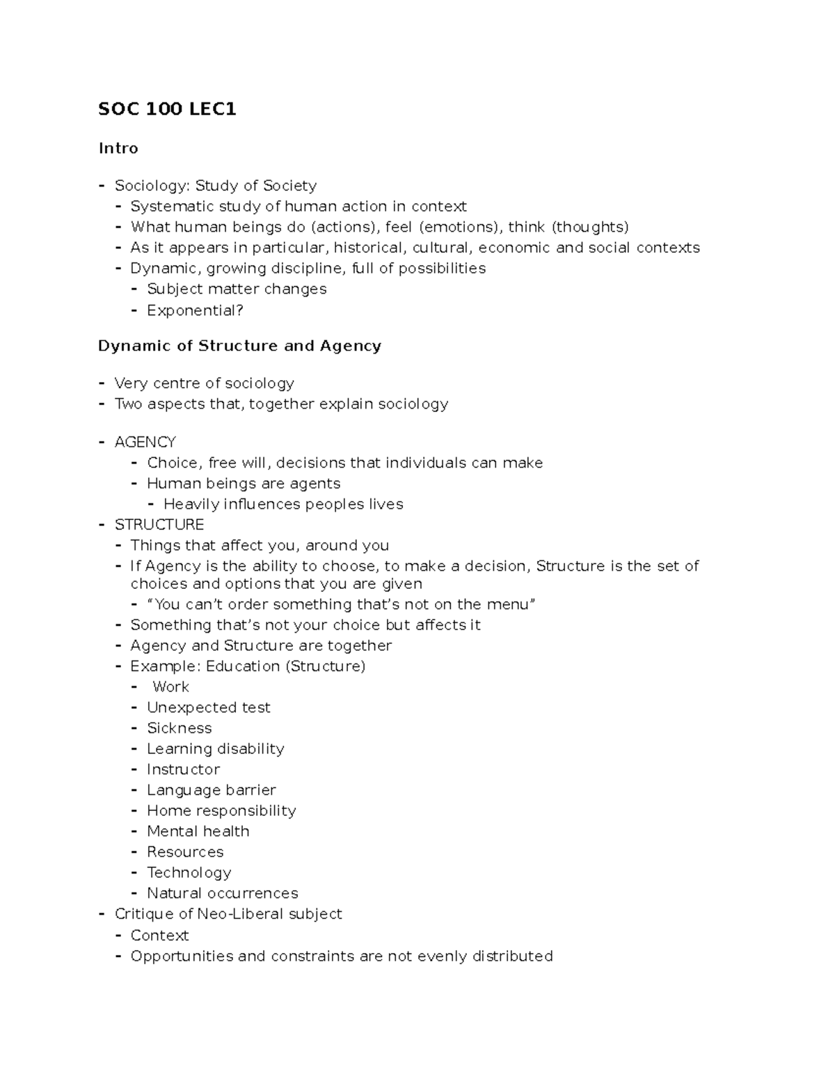 SOC 100 LEC1 WORD - Lecture notes 1 - SOC 100 LEC1 Intro Sociology ...