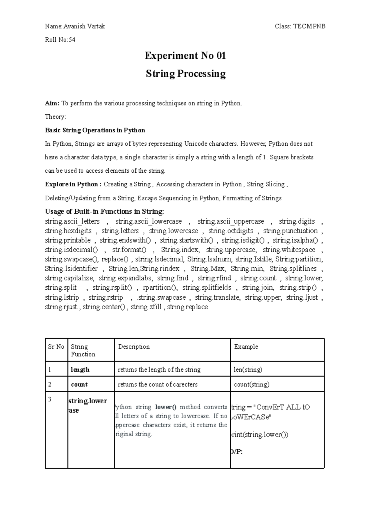 Av nlp 1 - asdassa - Roll No: Experiment No 01 String Processing Aim: To perform the various ...