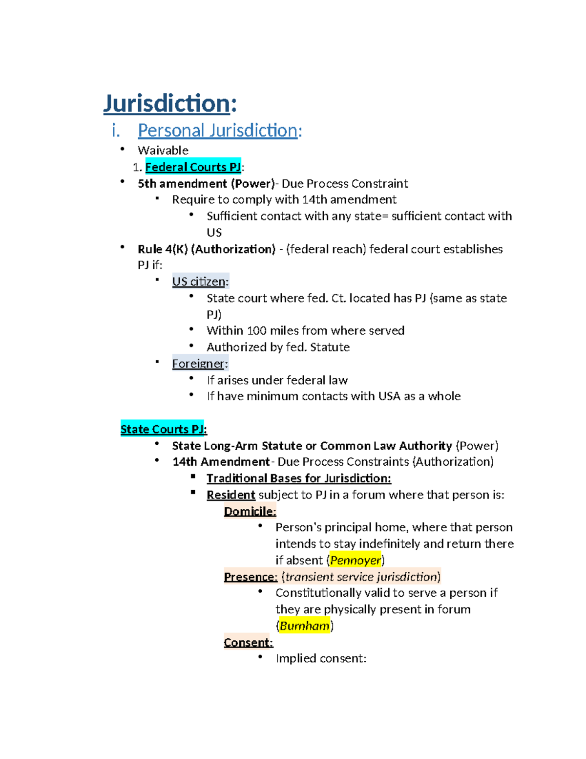 Civil procedure - Jurisdiction: i. Personal Jurisdiction: Waivable 1 ...