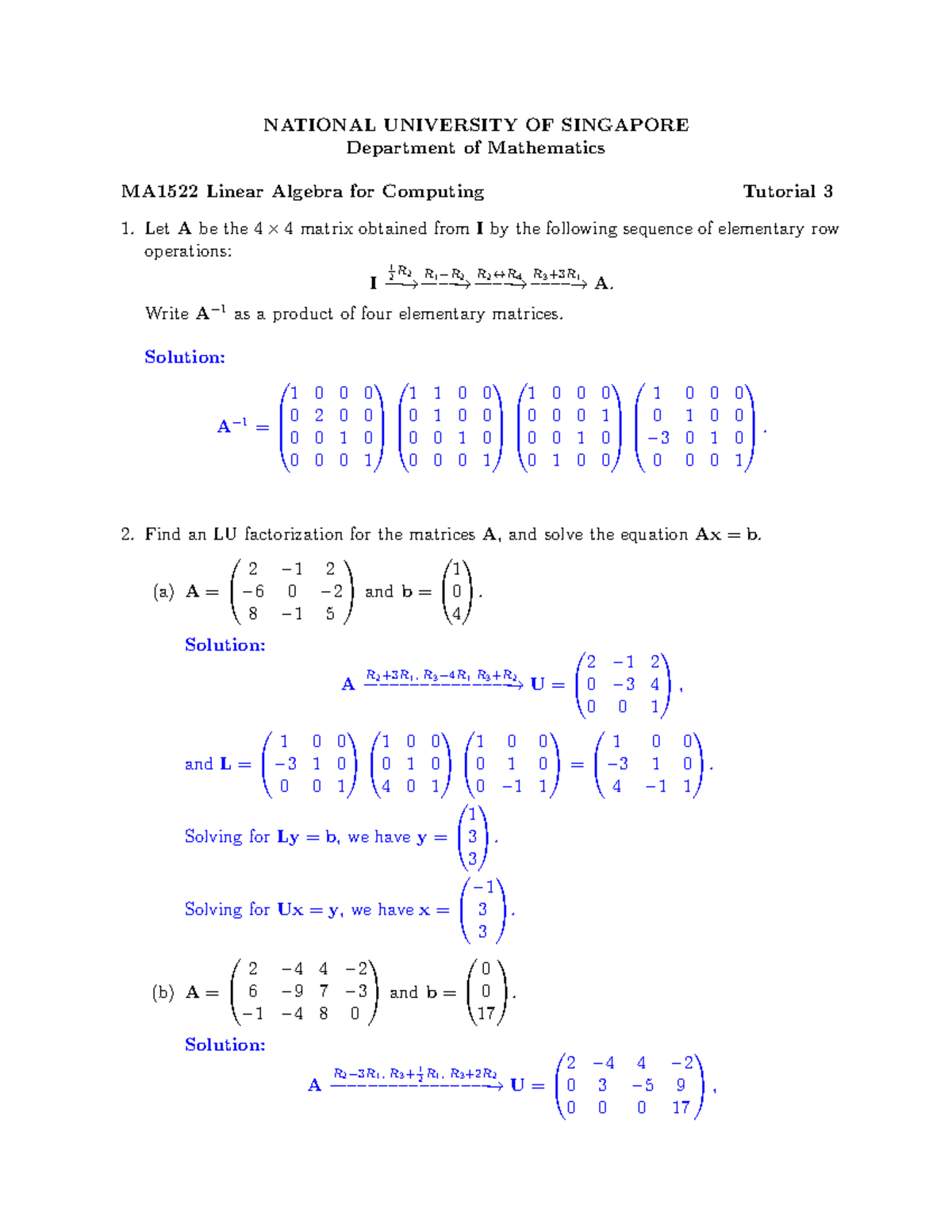 Tutorial 3 Solution - NATIONAL UNIVERSITY OF SINGAPORE Department of Mathematics MA1522 Linear ...