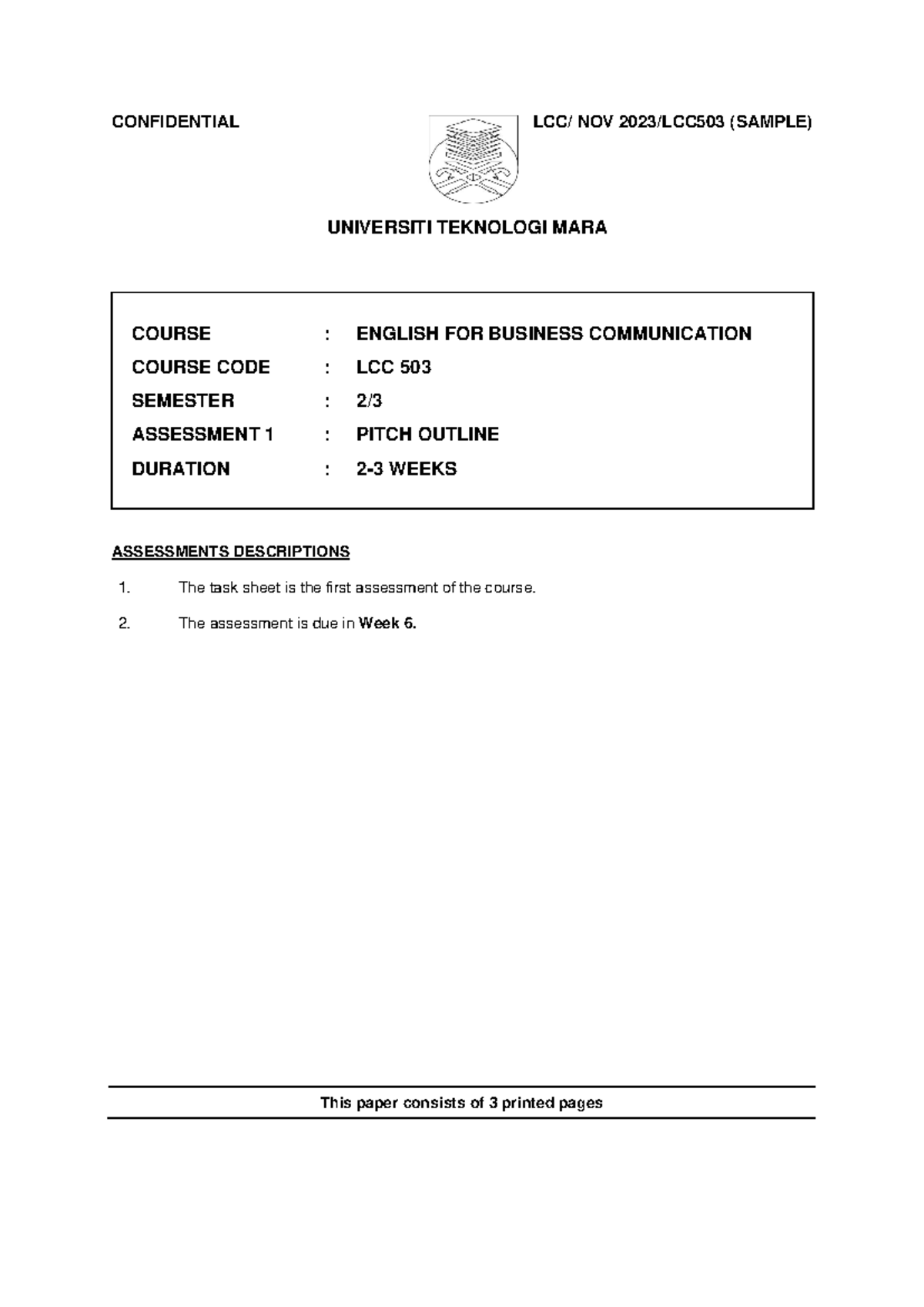 LCC503 Sample Assessment 1 Pitch Outline - Introduction To Financial ...