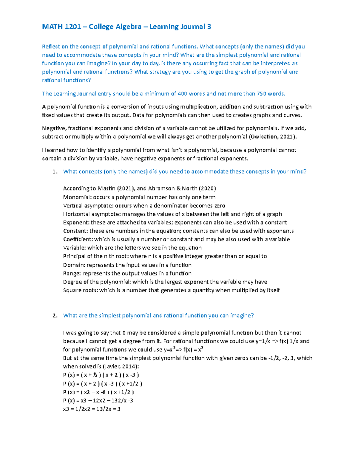 MATH 1201 - Learning 3b - MATH 1201 – College Algebra – Learning Journal 3 Reflect on the ...