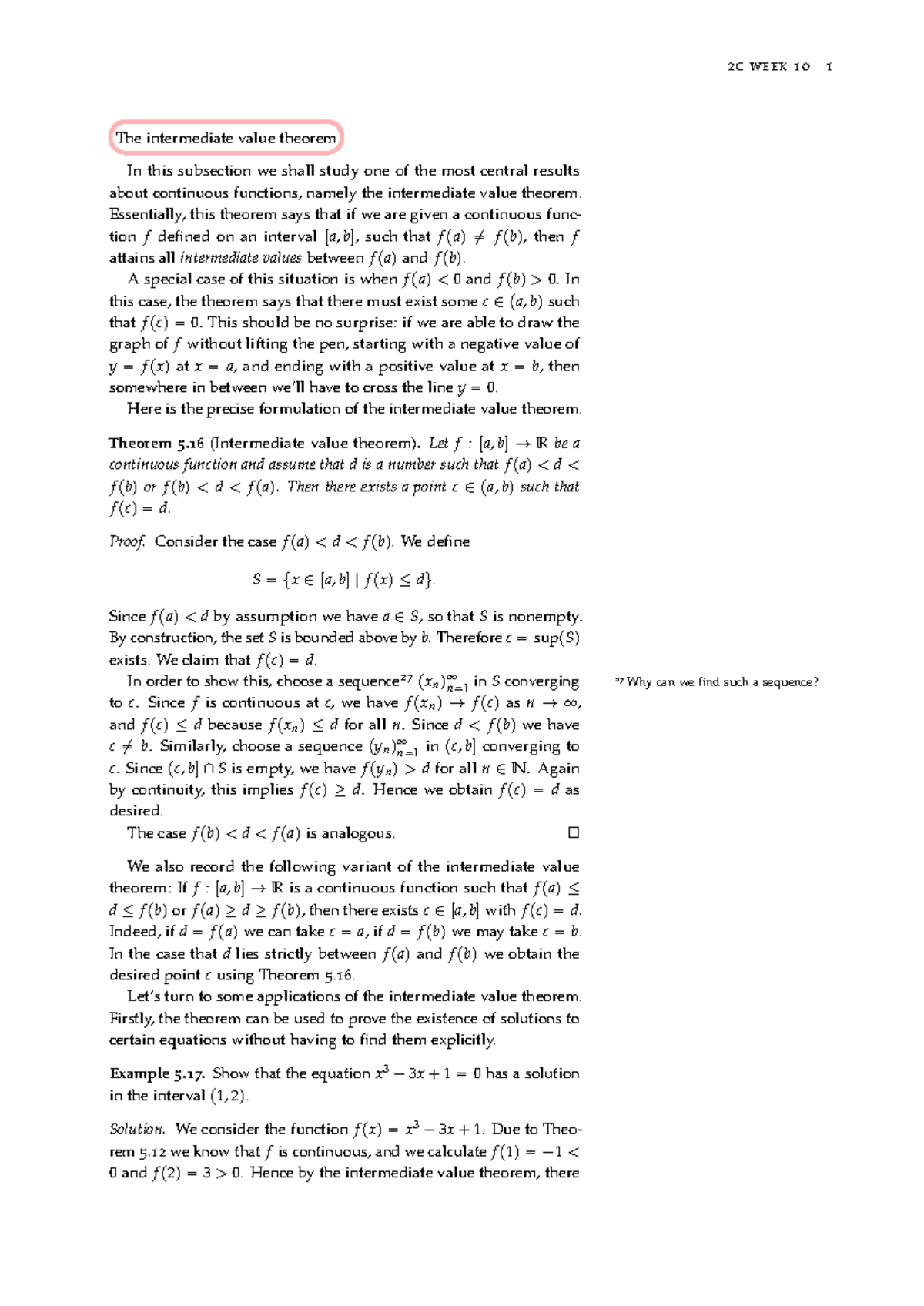 2020 2C lecturenotes week 10 - The intermediate value theorem In this ...