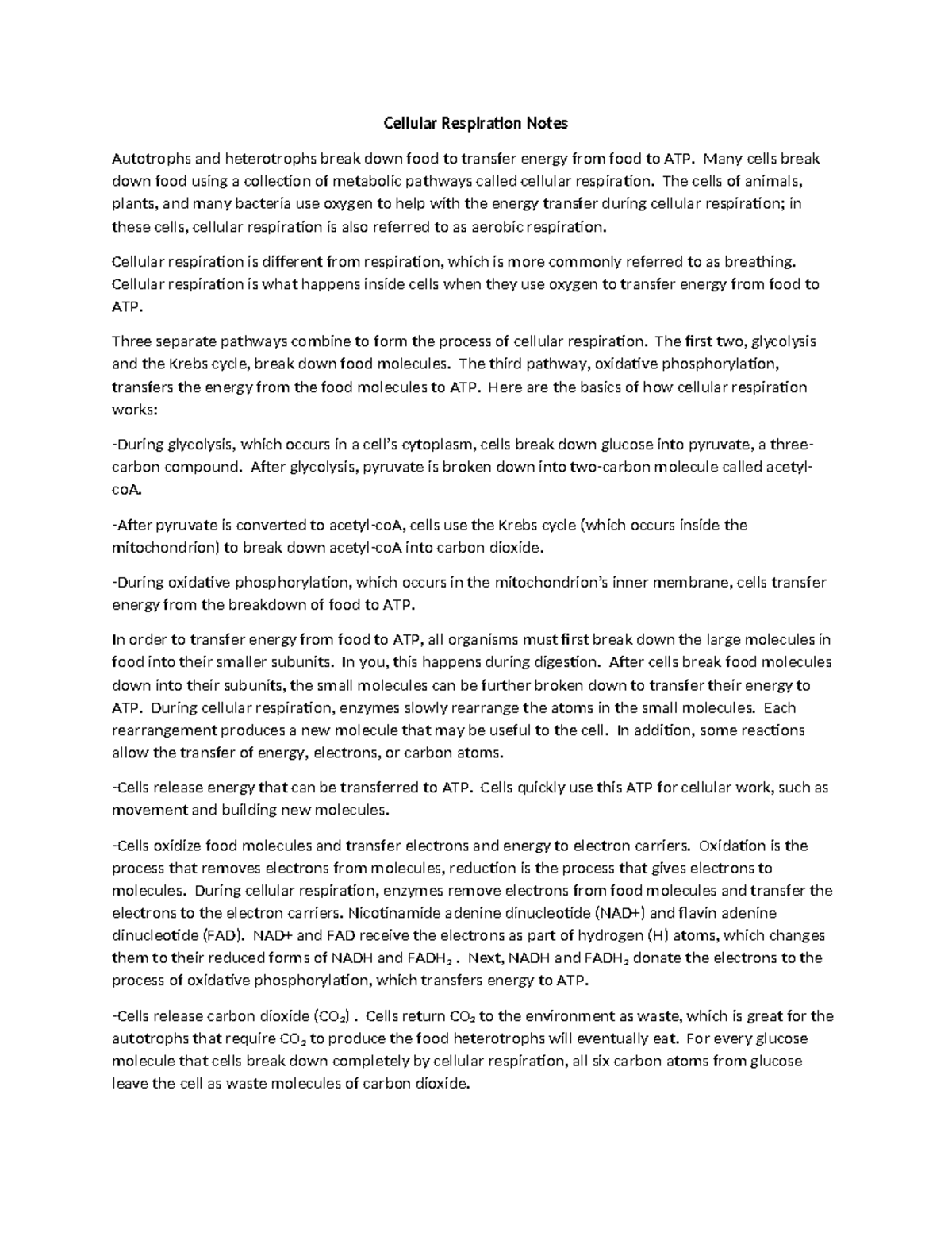 Cellular Respiration Notes - Cellular Respiration Notes Autotrophs and ...