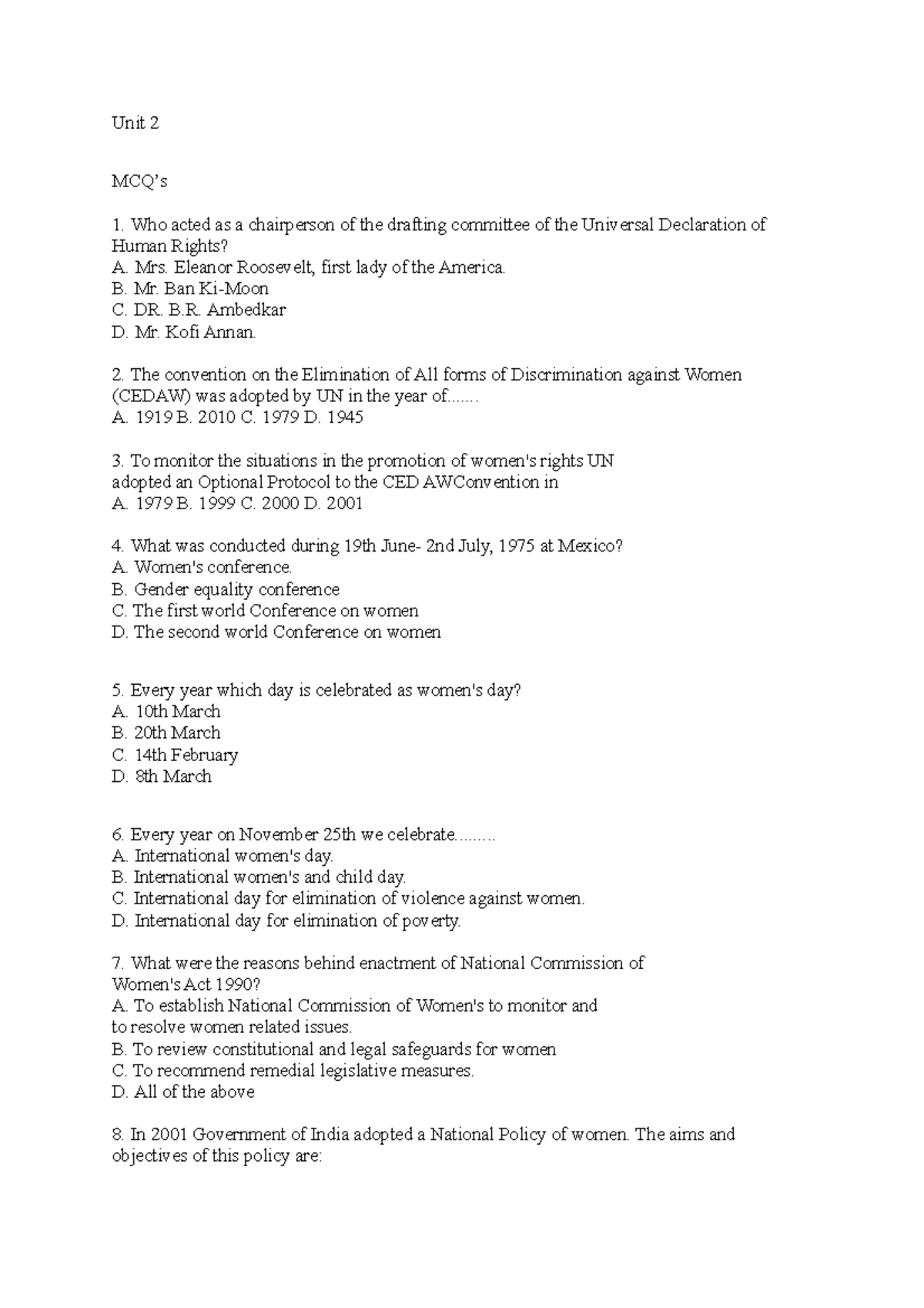 Human Rights Unit 2 - HRA - Unit 2 MCQ’s Who acted as a chairperson of ...