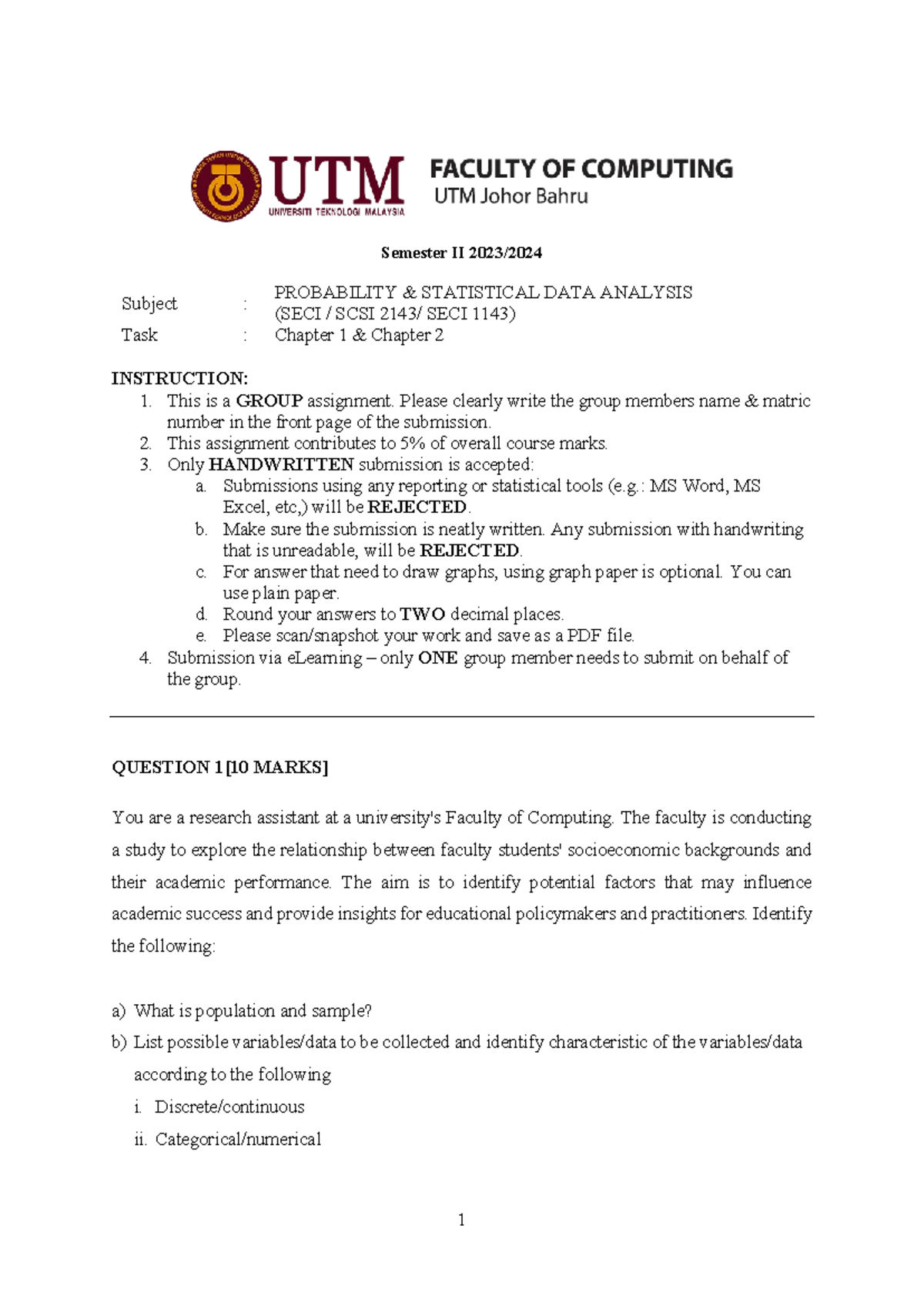 Assignment 1 question - 1 Semester II 2023/ Subject : PROBABILITY ...