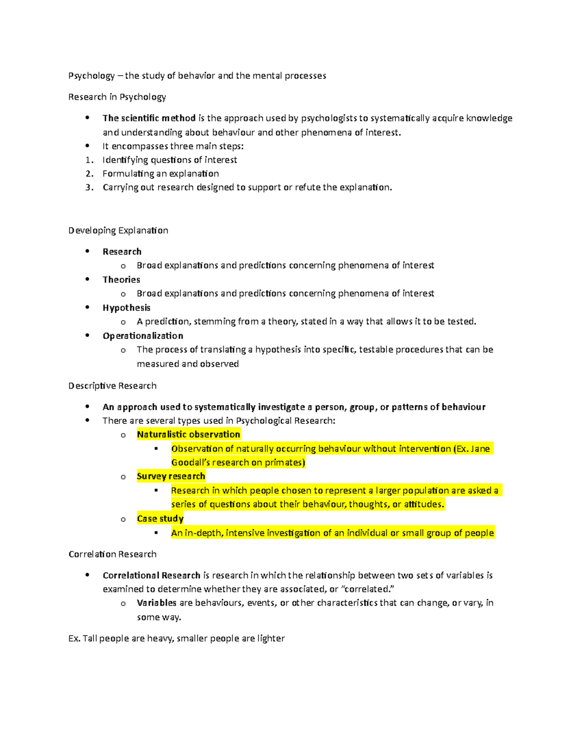 Psychology - Lecture notes 1-2 - Psychology – the study of behavior and ...
