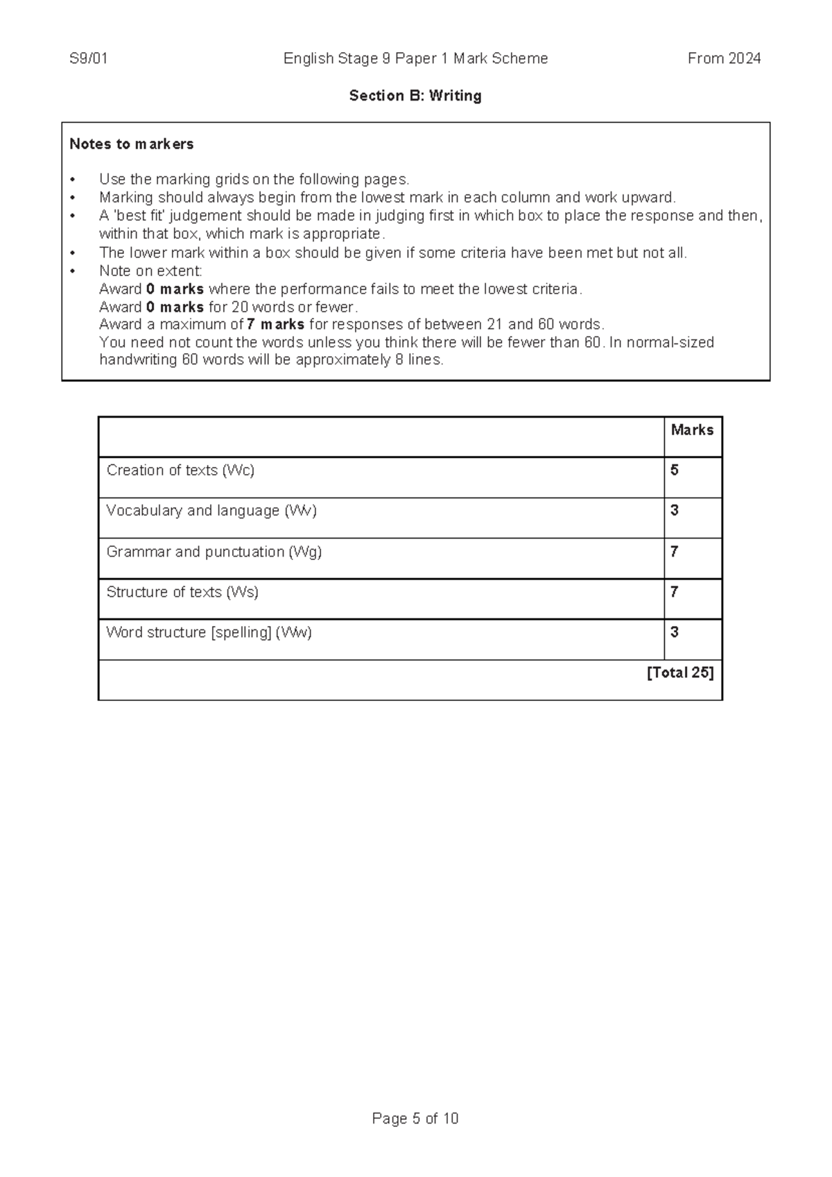 Stage 9 Writing Mark Scheme - S9/01 English Stage 9 Paper 1 Mark Scheme ...