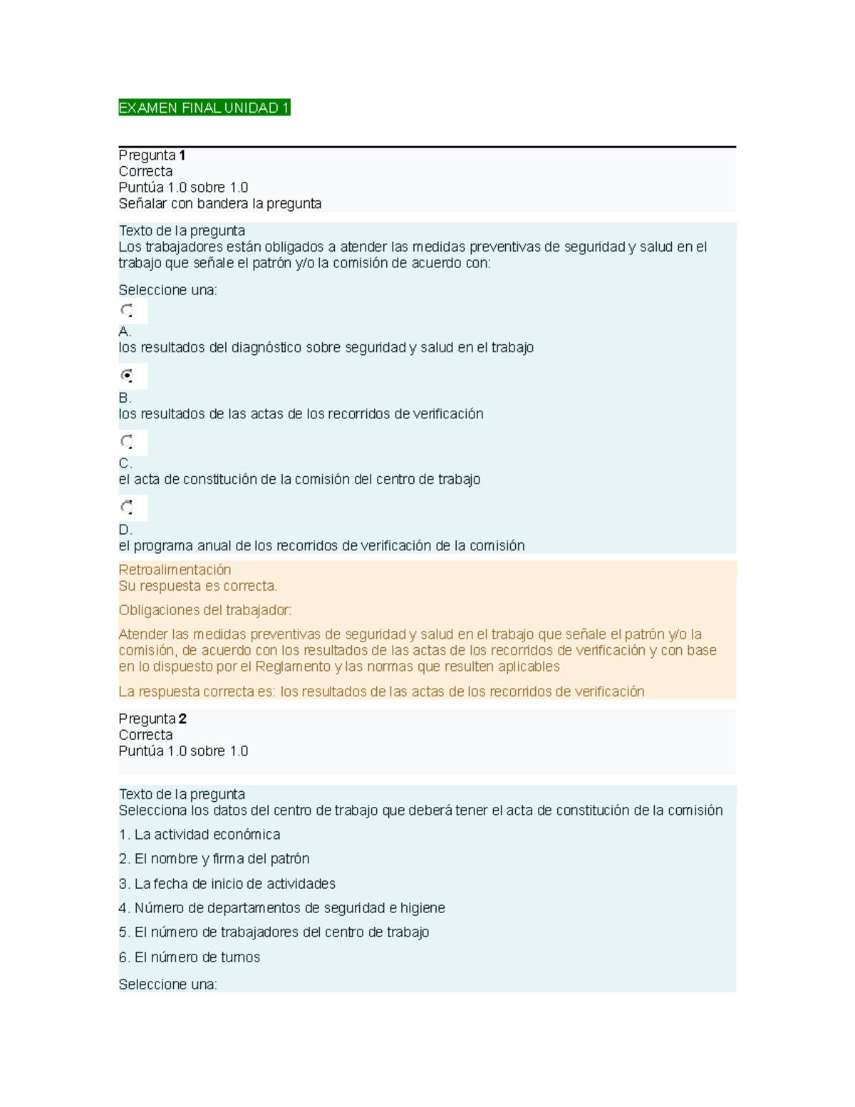 Examen Final Unidad 1 - NOMS STPS - EXAMEN FINAL UNIDAD 1 Pregunta 1 ...