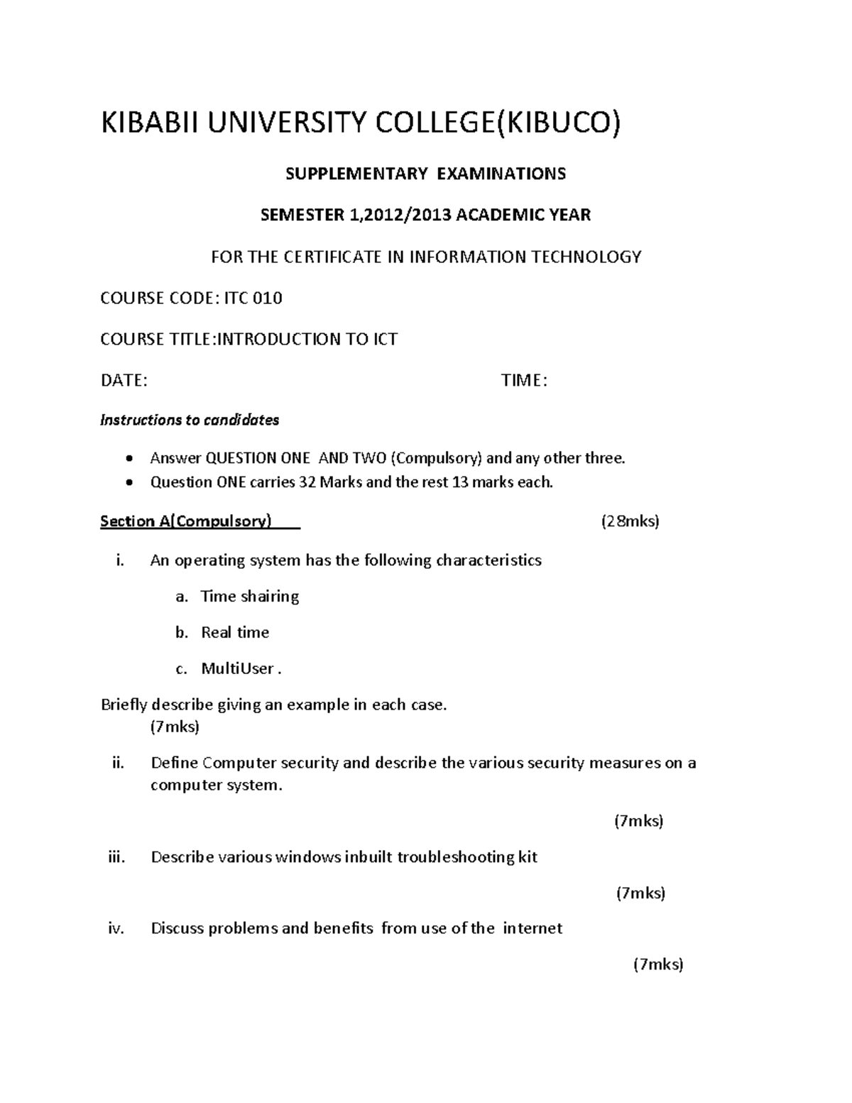 ICT10 - past papers - KIBABII UNIVERSITY COLLEGE(KIBUCO) SUPPLEMENTARY ...