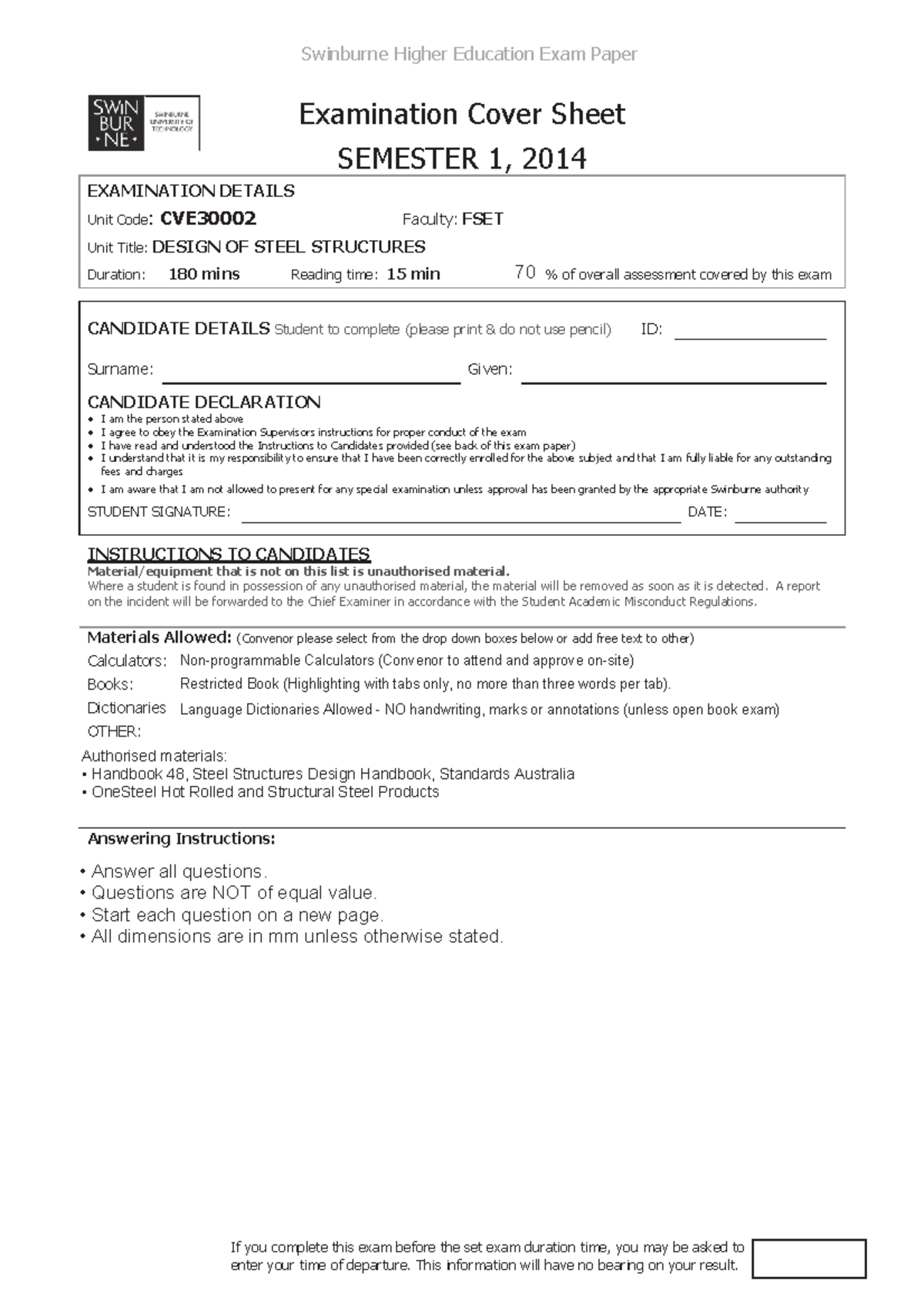 Exam 2014, questions - Semester 1 - Swinburne Higher Education Exam ...