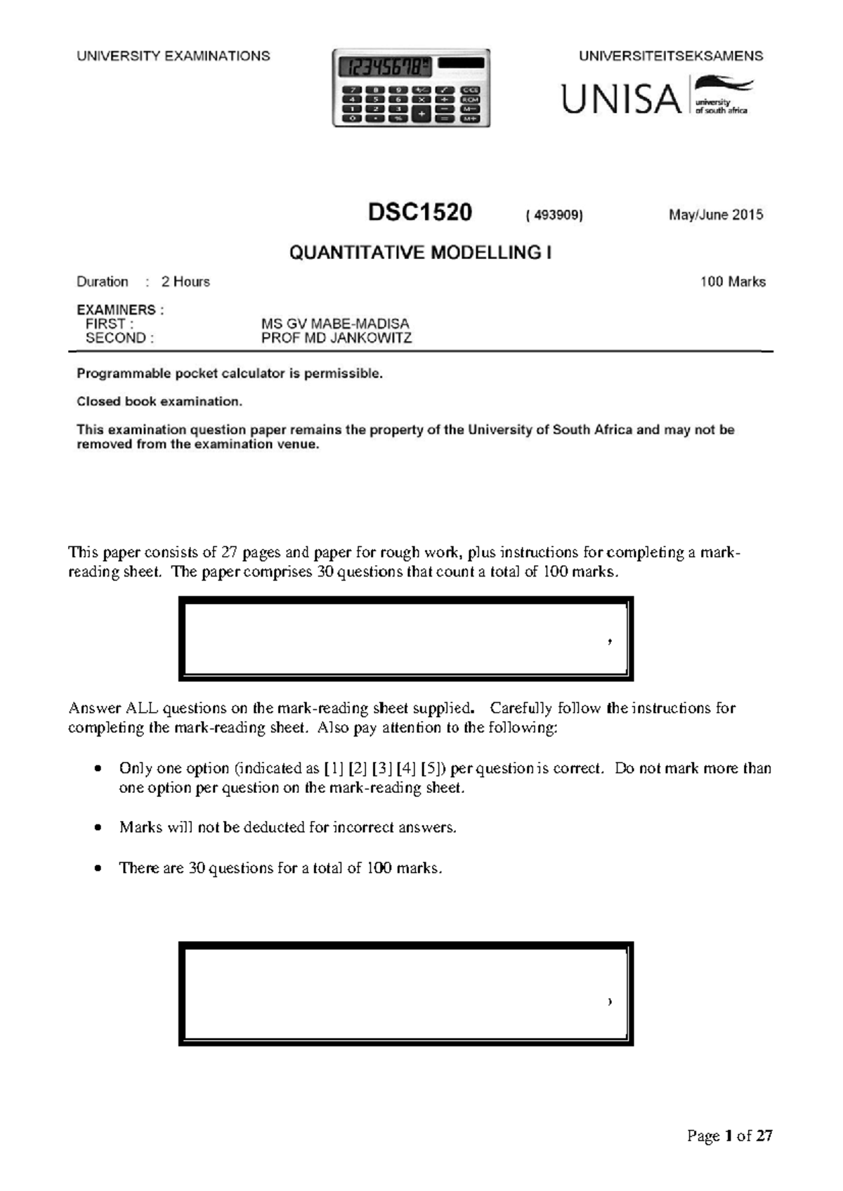 DSC1520 MAY-JUNE 2015-1 - T re A c This paper c eading shee Answer ALL ...