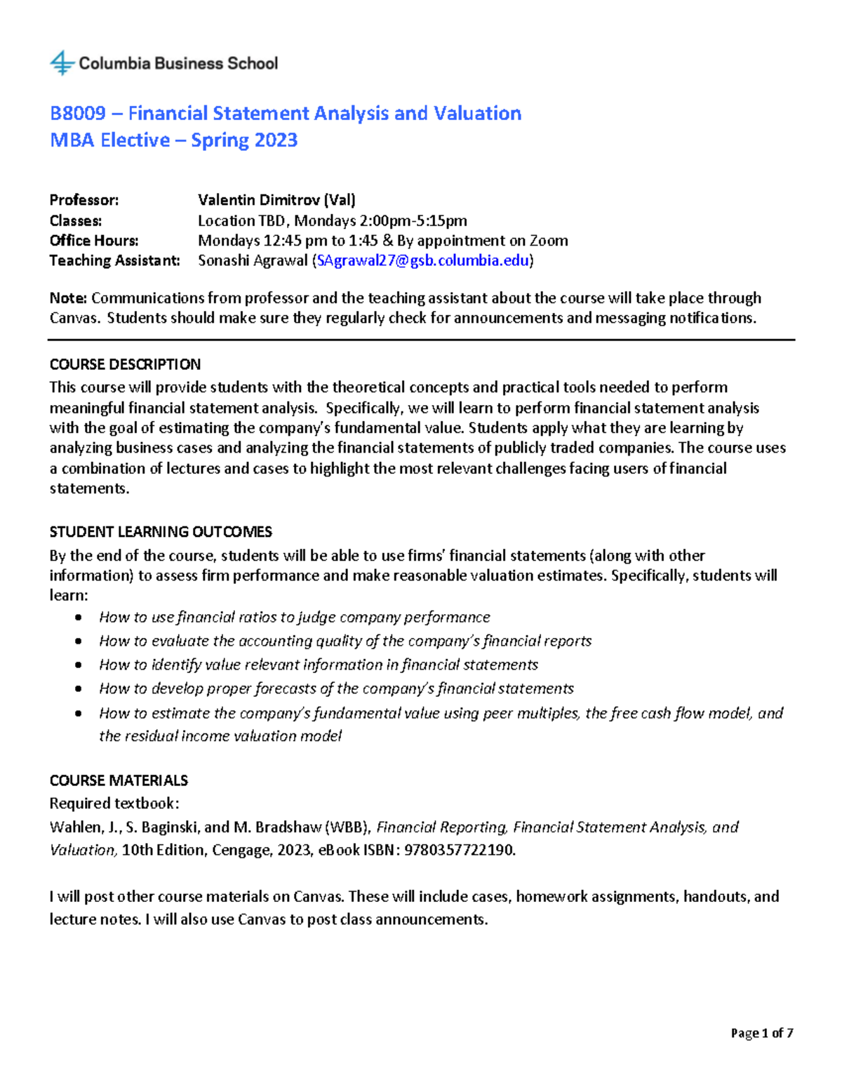 Syllabus B8009 Spring 2023 - Dimitrov v.11 - B8009 – Financial Statement Analysis and Valuation ...