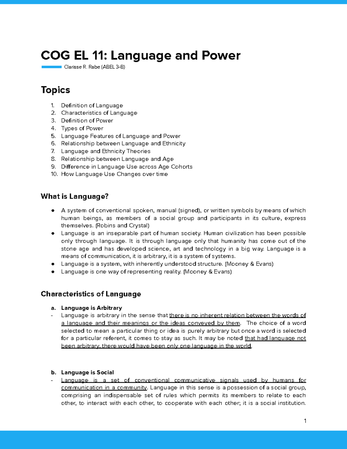 Notes - About Language, Power, Features of language, Ideology, Language ...