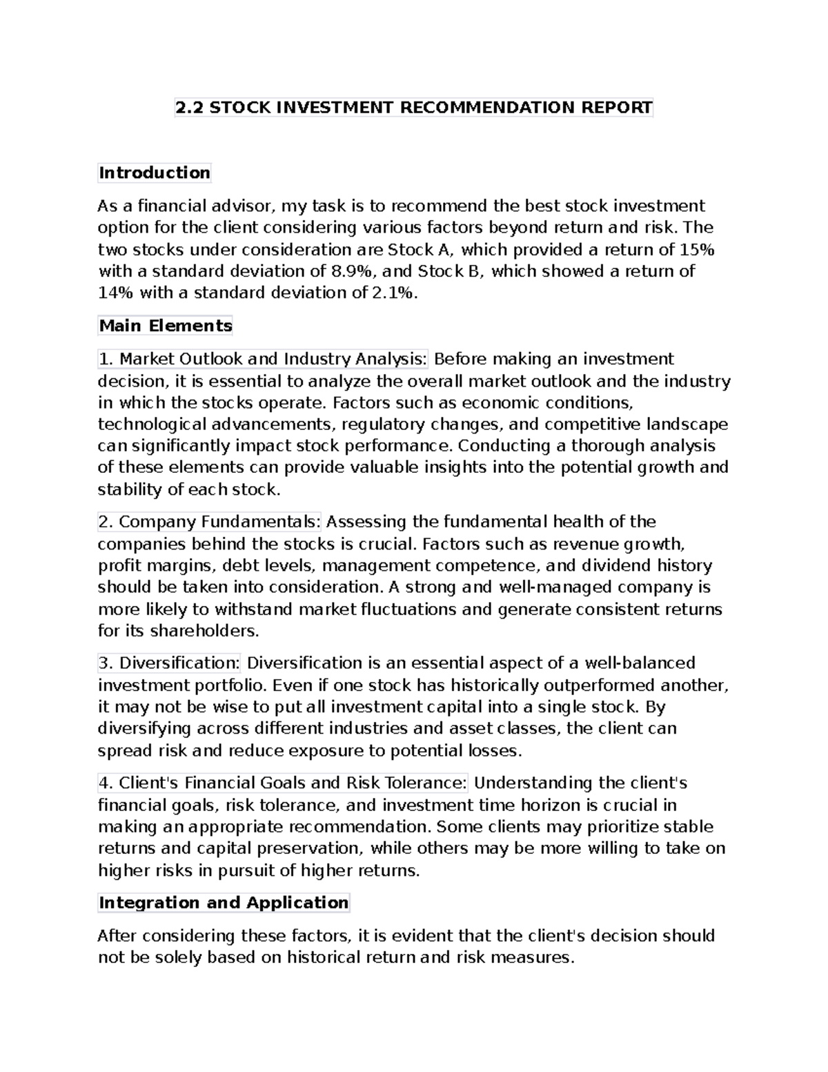 2-2 Scenario Analysis Stock Option - 2 STOCK INVESTMENT RECOMMENDATION ...
