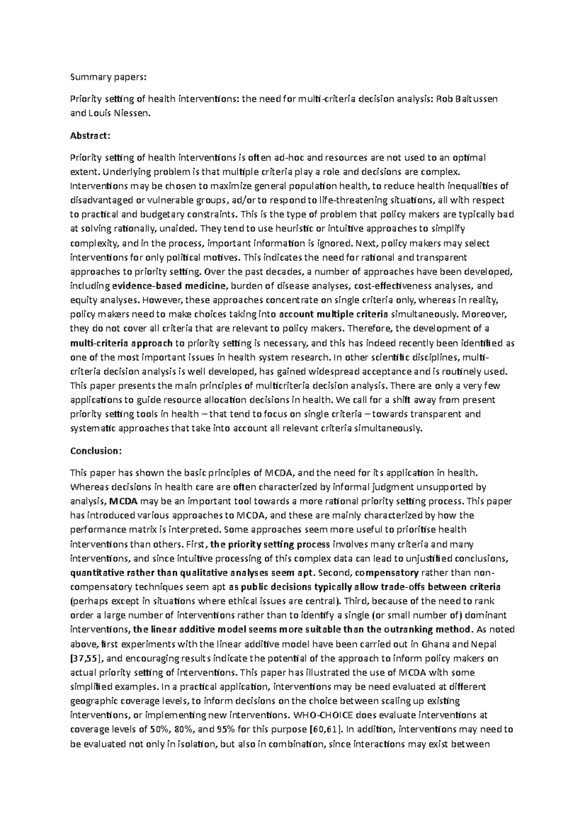 Summary papers - Samenvatting - Summary papers: Priority seing of ...