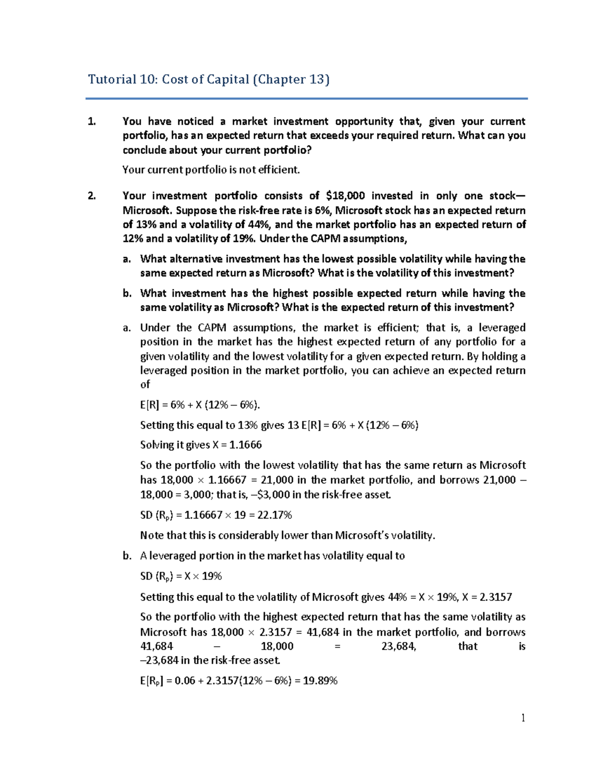 T10 WACC Solution - Tutorial 10: Cost of Capital (Chapter 13) 1. You ...