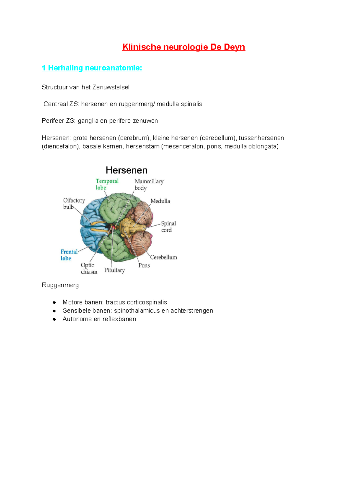 Samenvatting dedeyn - Klinische neurologie De Deyn 1 Herhaling ...